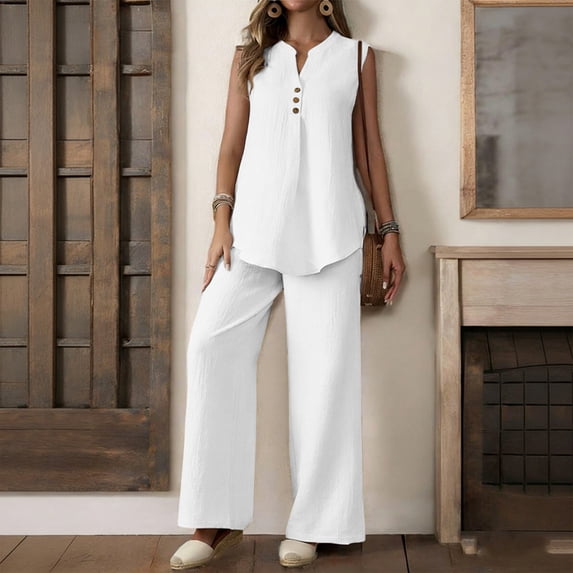 Cagogo Women's V Neck Sleeveless 2 Piece Set Casual Vacation Outfits ...