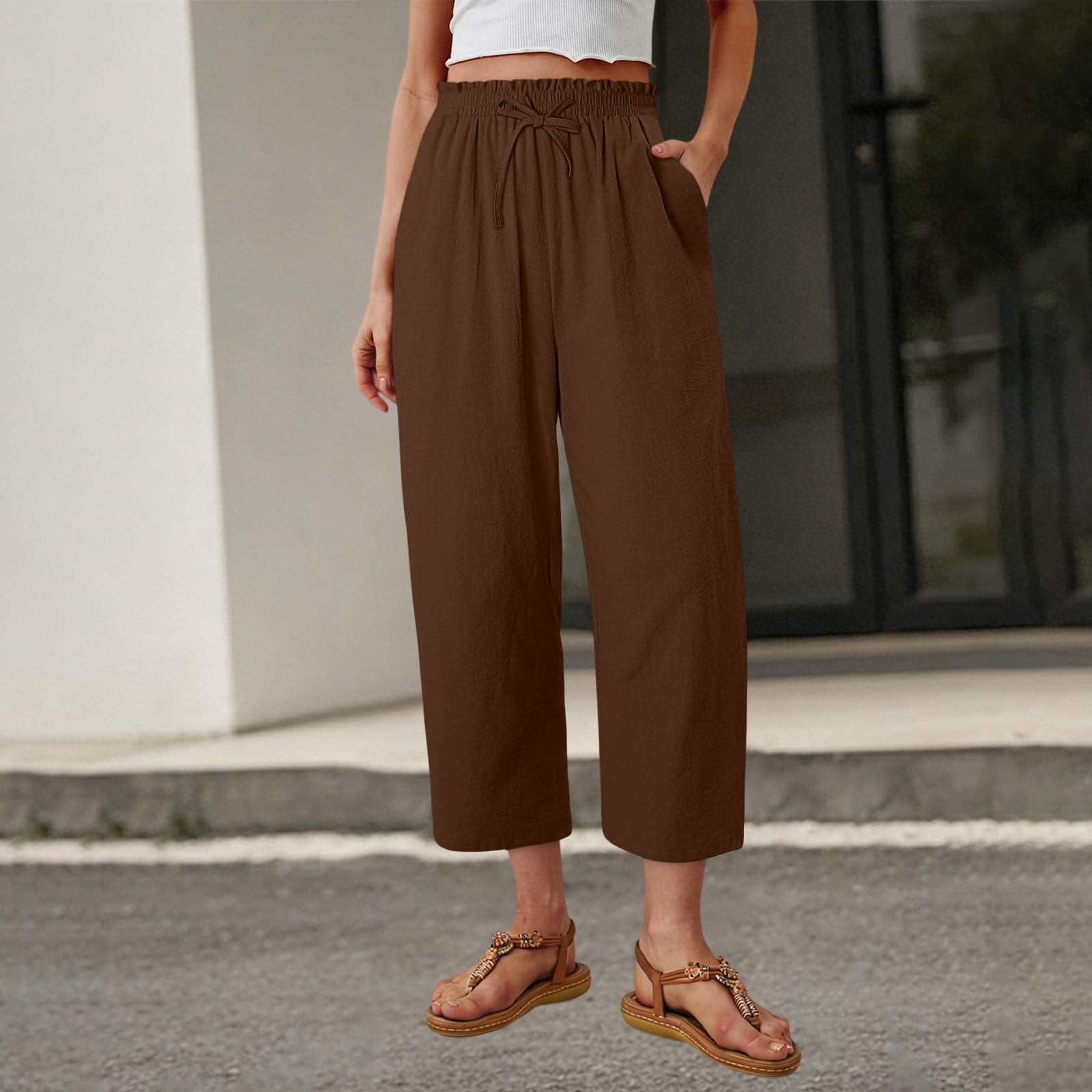 Cagogo Women's Wide Leg Elastic Waist Capri Pants with Pockets Solid ...