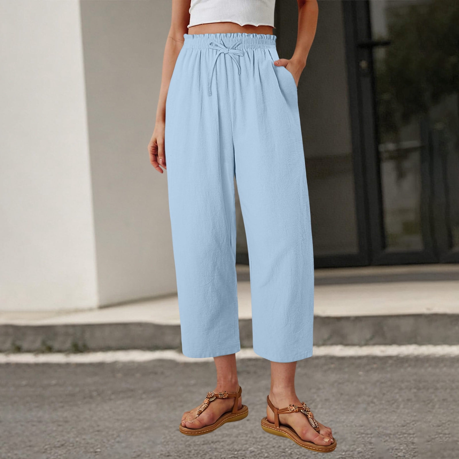 Cagogo Women's Wide Leg Elastic Waist Capri Pants with Pockets Solid ...