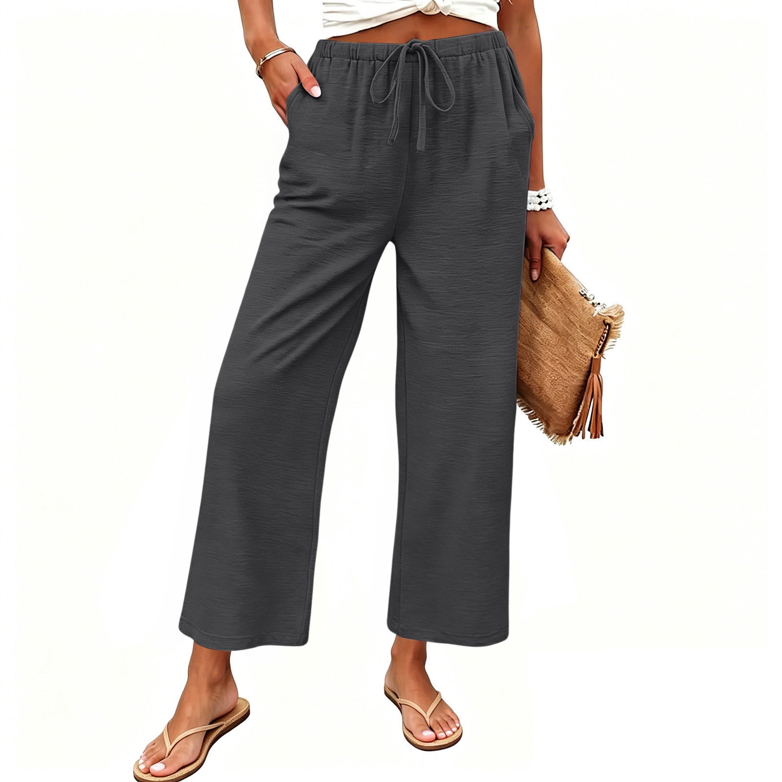 Cagogo Women's Wide Leg Elastic Waist Trousers with Pockets Casual ...