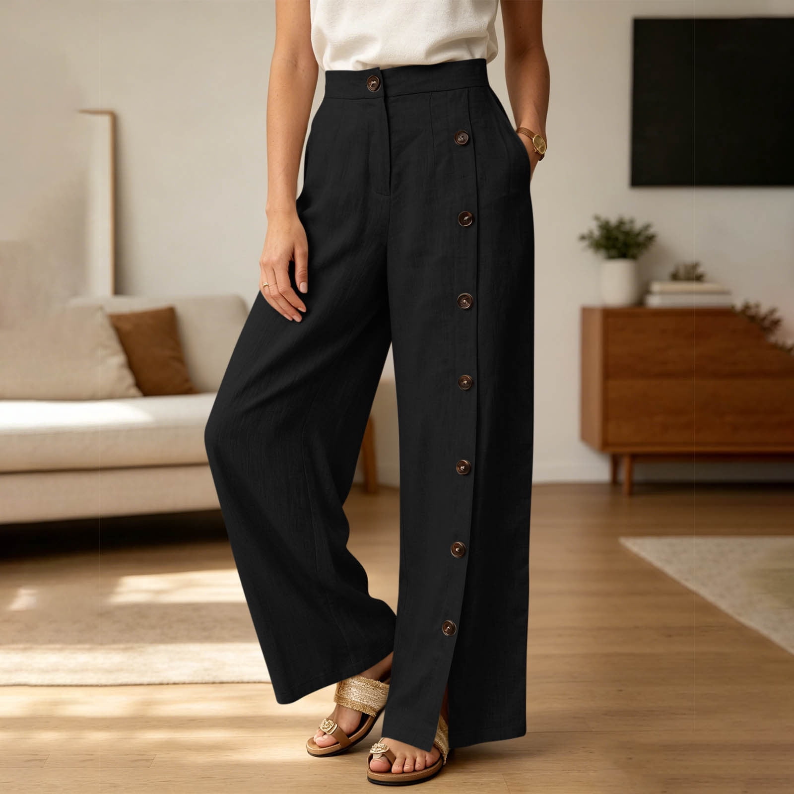 Cagogo Women's Wide Leg High Waisted Button Flowy Casual Pants Long ...