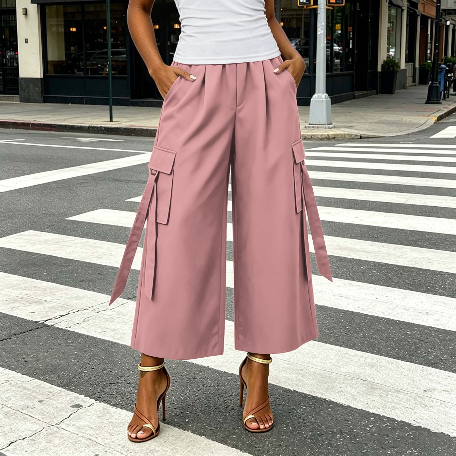 Cagogo Women's Wide Leg High Waisted Capri Pants with Pockets Solid ...