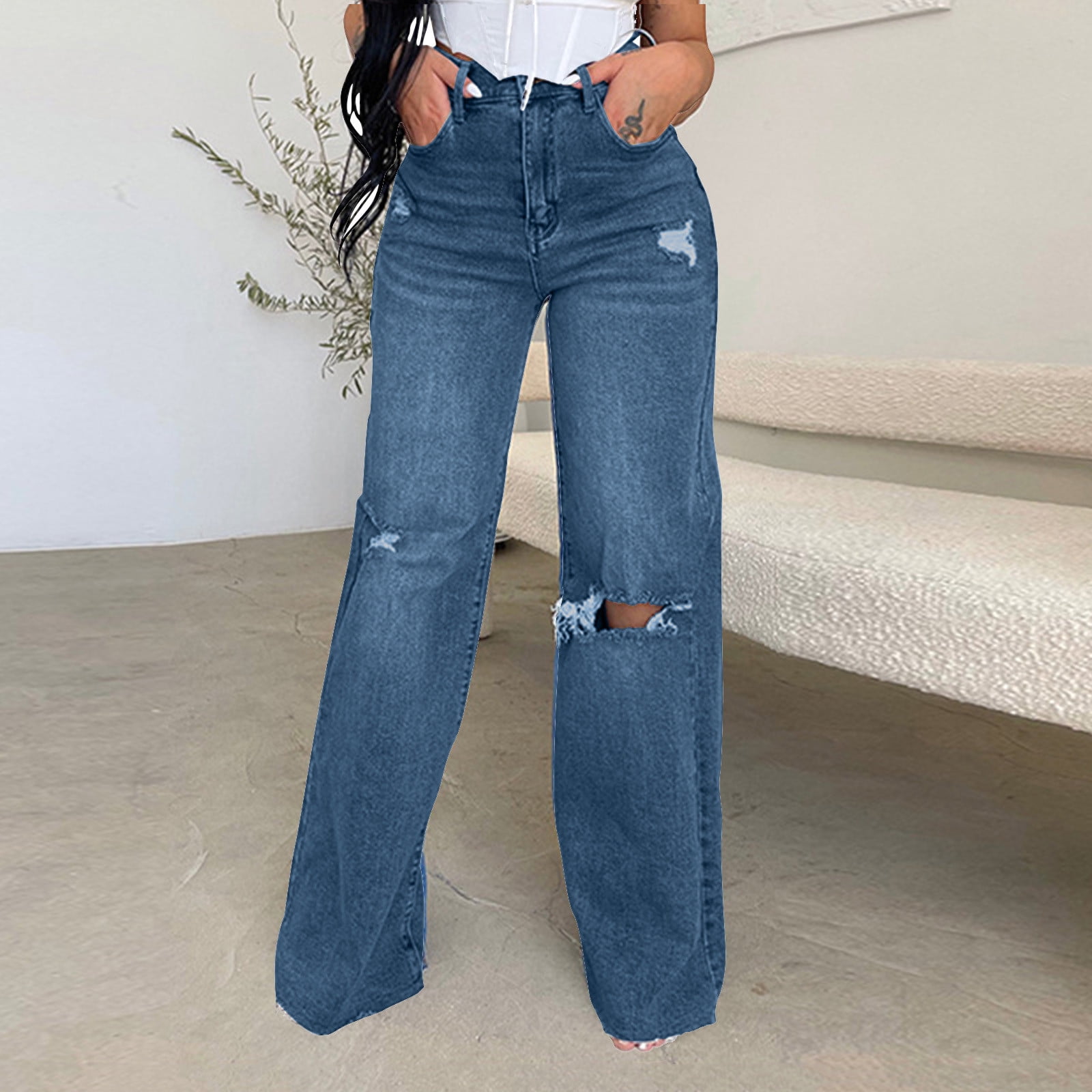 Cagogo Women's Wide Leg High Waisted Jeans Ripped Casual Loose Long ...