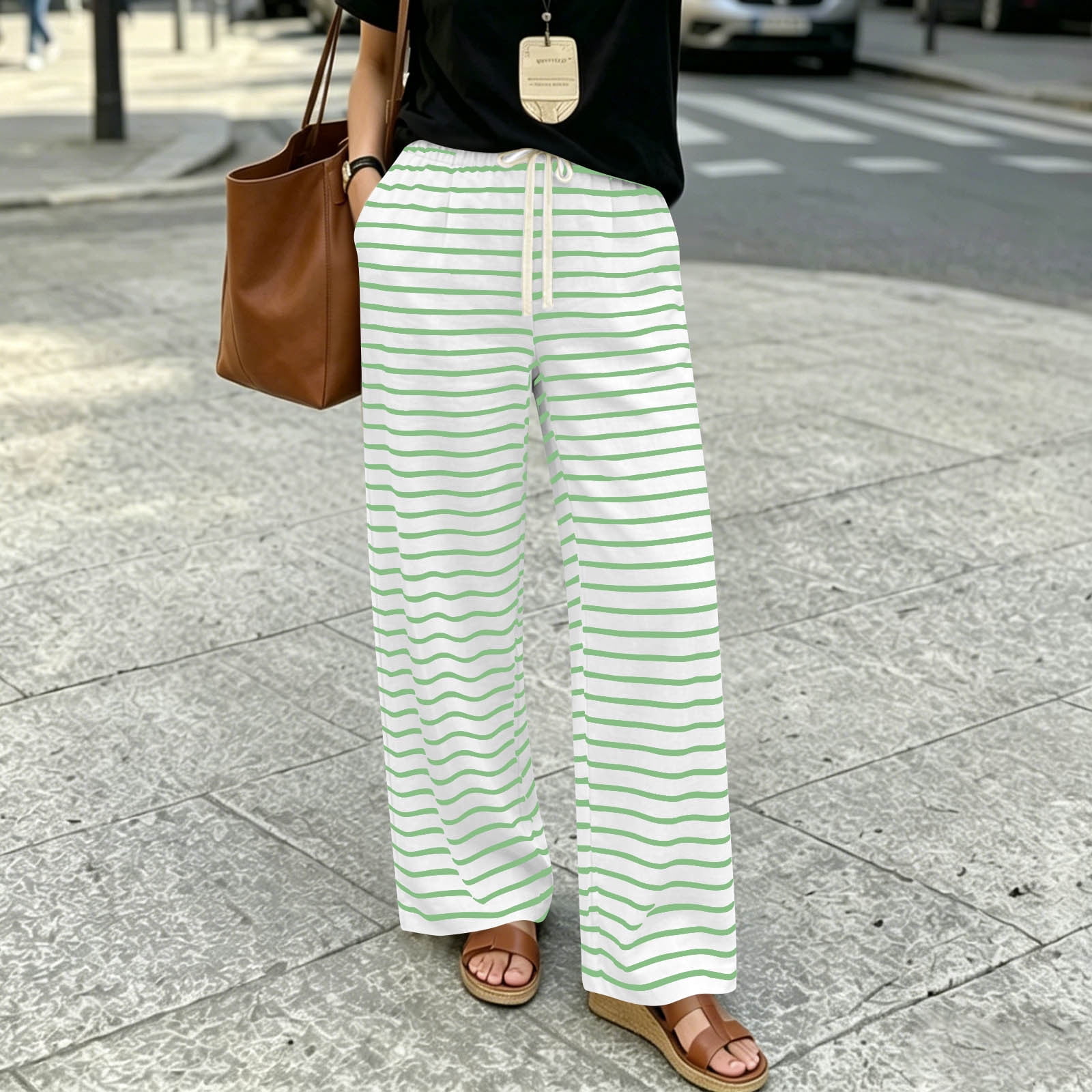 Cagogo Women's Wide Leg Striped Pants Elastic Waist Flowy Long Trousers ...