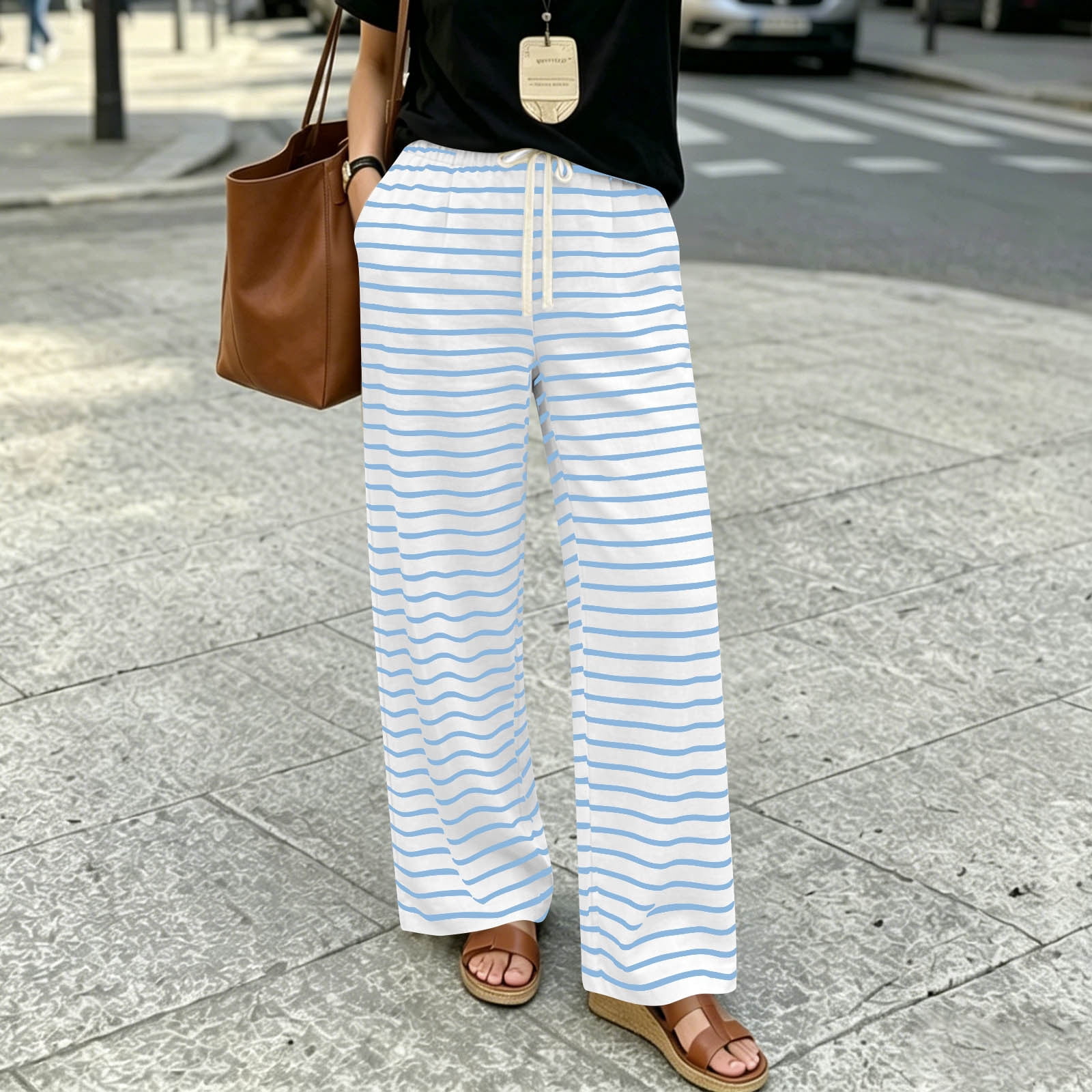 Cagogo Women's Wide Leg Striped Pants Elastic Waist Flowy Long Trousers ...