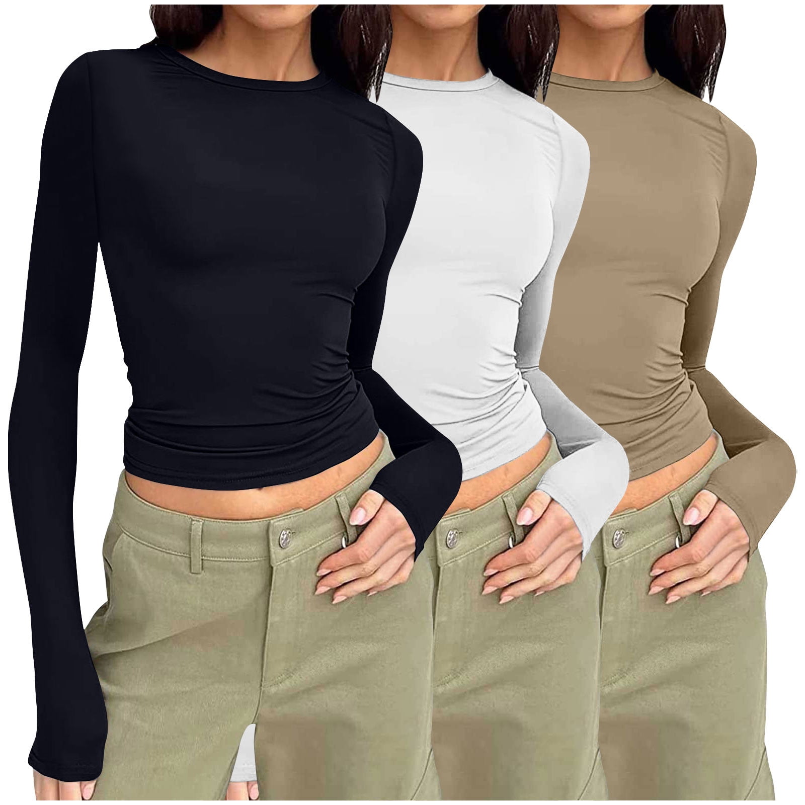 CaiJunJia 3 Pack Womens Long Sleeve Shirts Basic Spring Crop Tops Fall ...