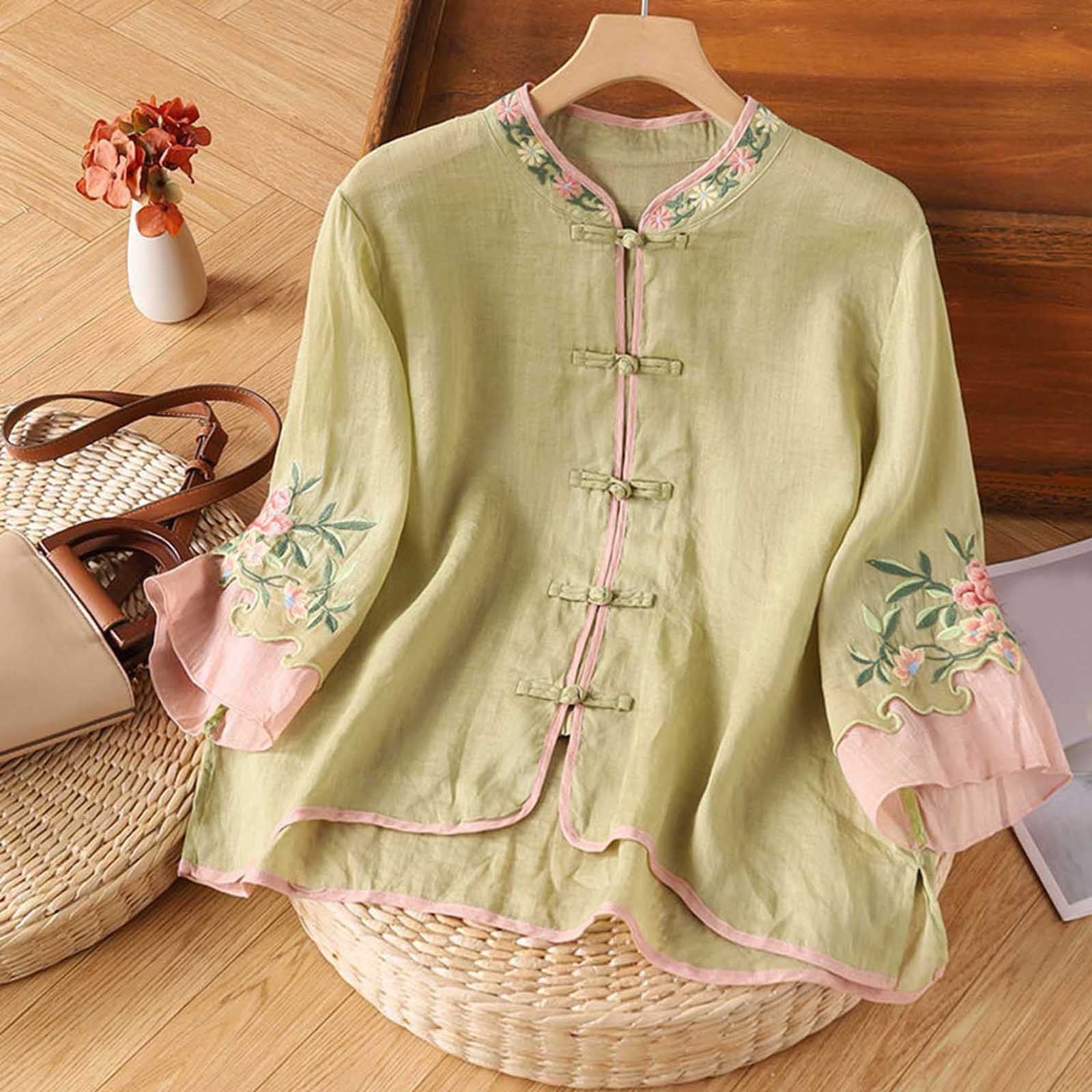 CaiJunJia Cotton Linen Blouses Summer Vintage Women's Shirt Loose 3/4 ...