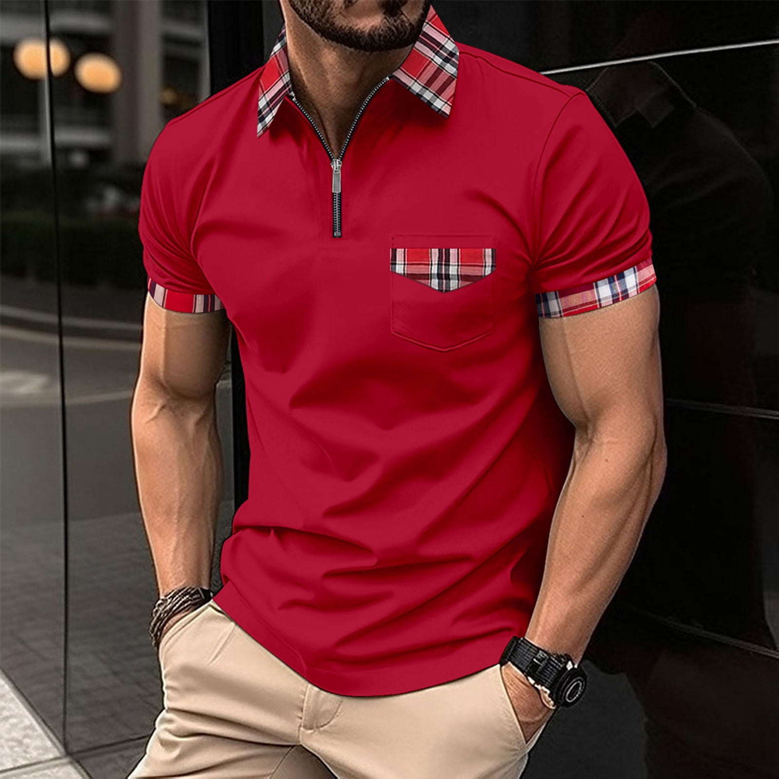 CaiJunJia George Polo Shirt,Men's Short Sleeve Solid Stretch Zipper ...
