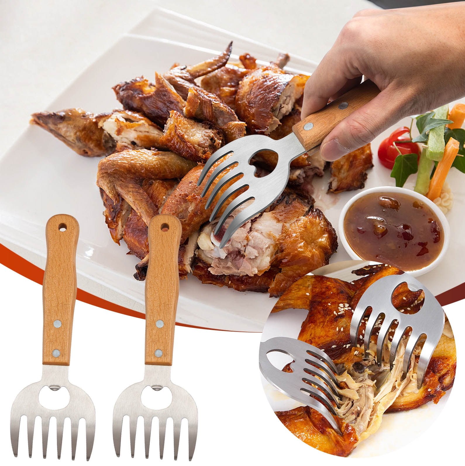 CaiTeLin 2-piece Set of Long Wooden HAndle Stainless Steel Bear Claw ...
