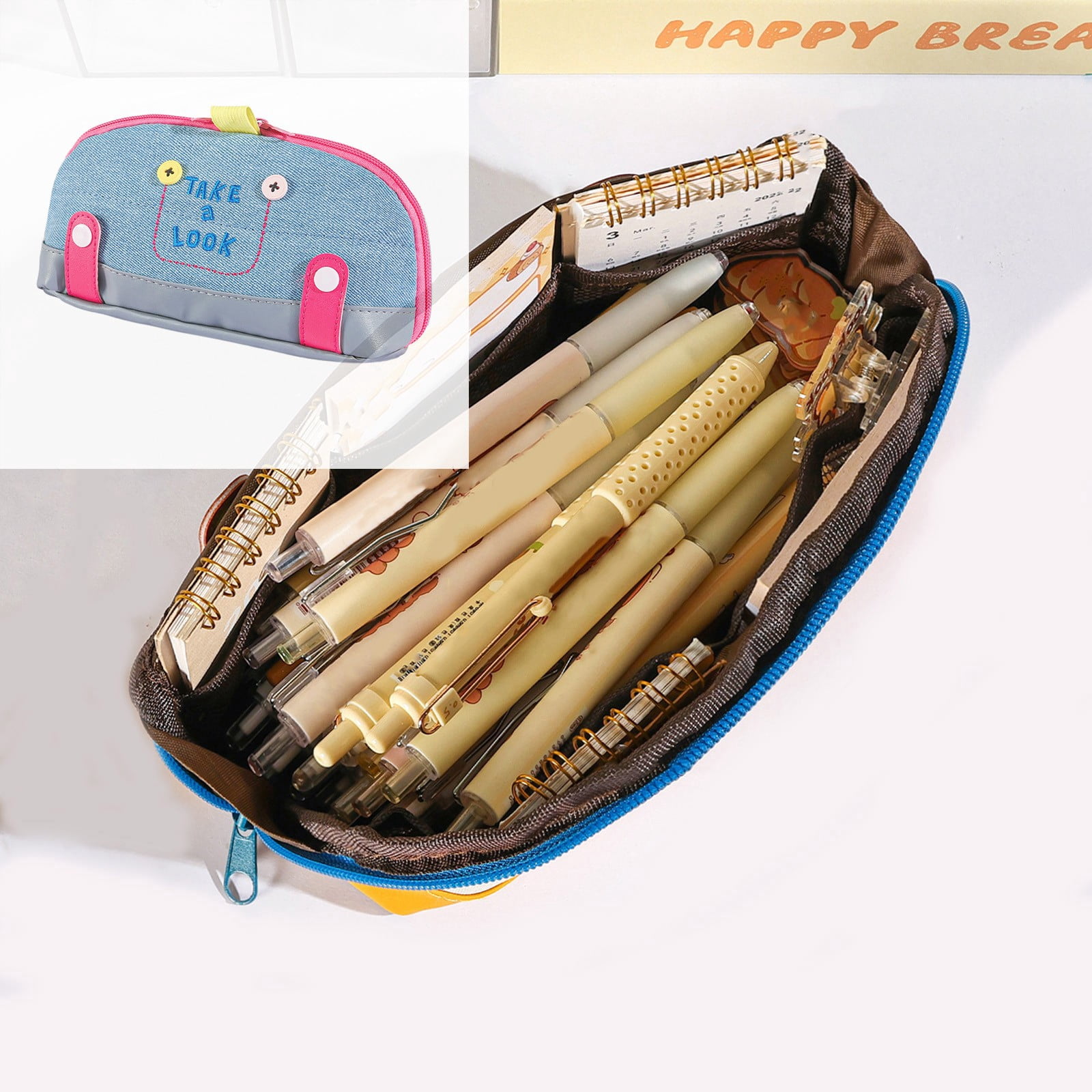 CaiTeLin Color Blocking Embroidery Pen Bag, Buckle Small Pocket Large ...