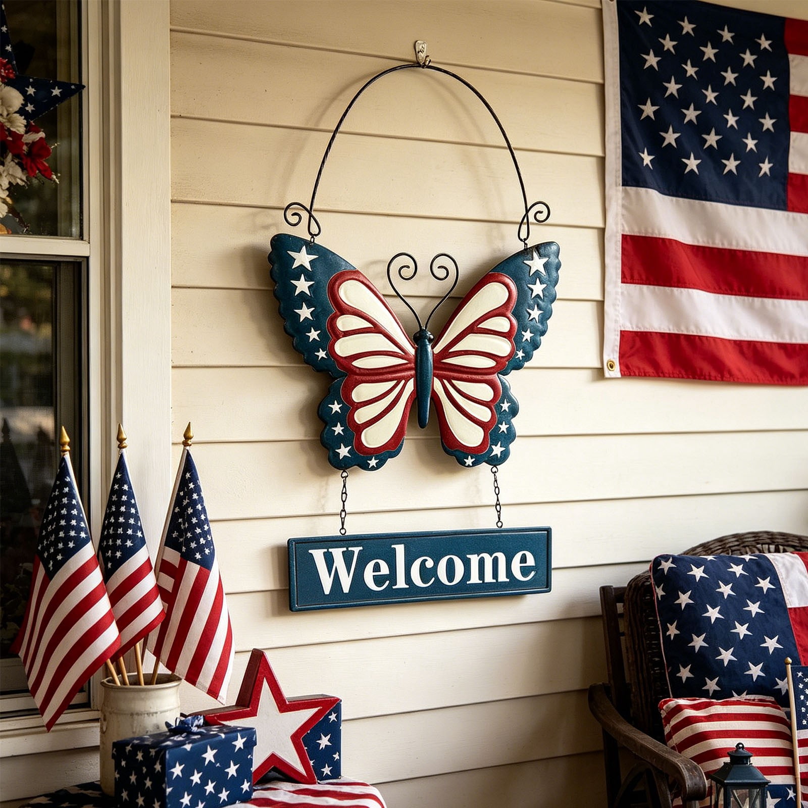 CaiTeLin Patriotic Lepidoptera Metal Welcome Sign, Hanging Wall Decor ...
