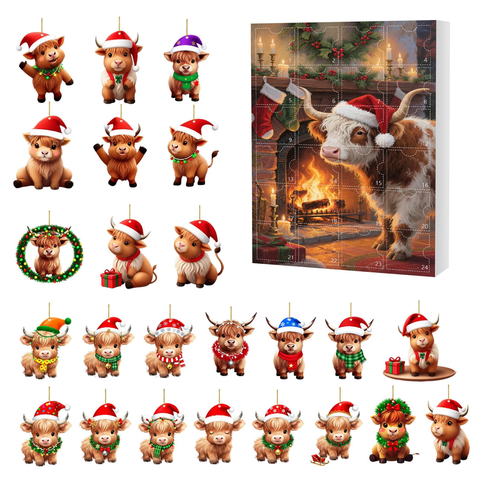 CaiYueKe 2025 Cow Themed Christmas Advent Calendar with 24 Hanging ...