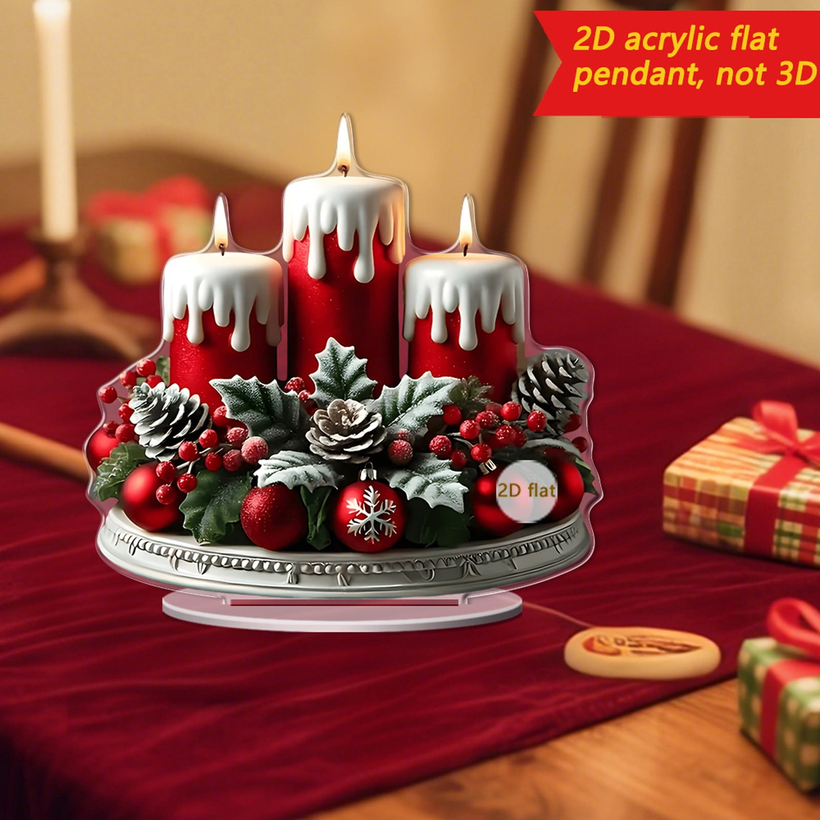 CaiYueKe 2D Flat Acrylic Red Candle Ornament with Pinecone Tray Design ...