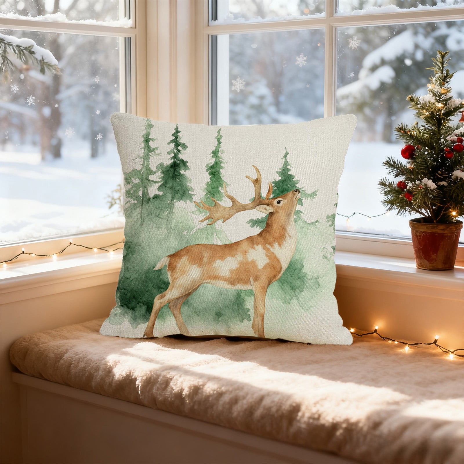 CaiYueKe Christmas Forest Watercolor Christmas Pillow Cover, Natural ...