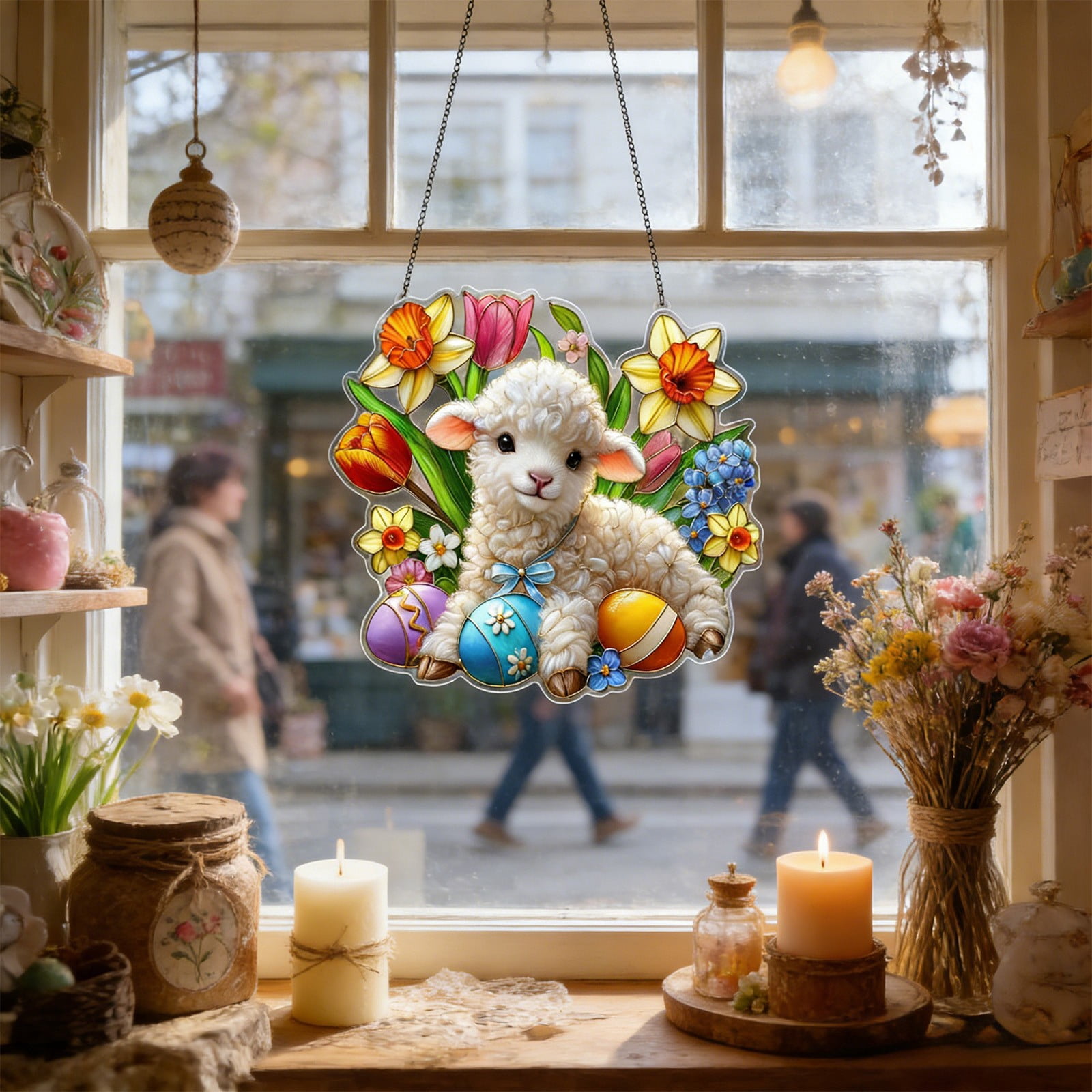 CaiYueKe Easter Acrylic Wall Hanging Decor, Spring Holiday Door Window Pendant, Floral Lamb Egg ...