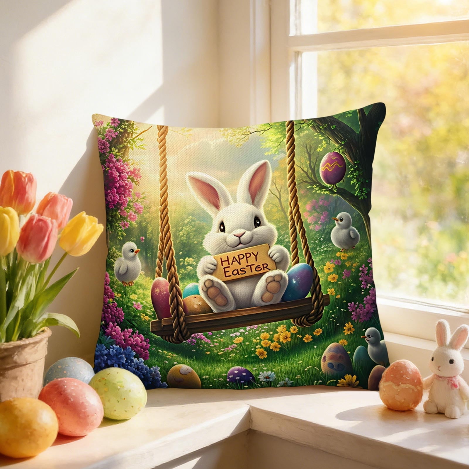 CaiYueKe Easter Decorative Pillow Cover Floral Rabbit Egg Design ...