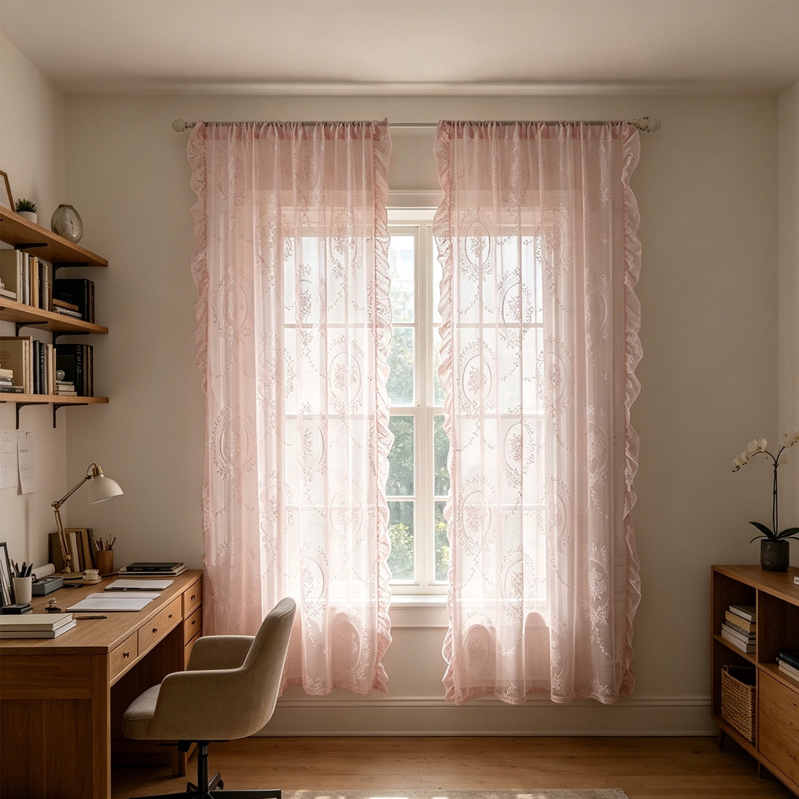 CaiYueKe French Lace Sheer Curtain Floral Embroidered Rod Pocket Window ...