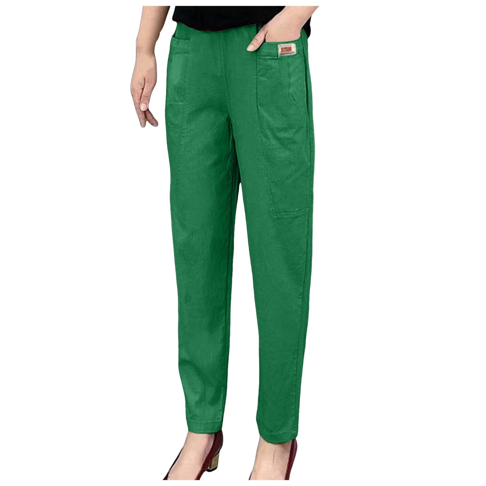 Caihaooo Women Elastic Waist Cotton Trousers Relaxed Fit Straight Leg