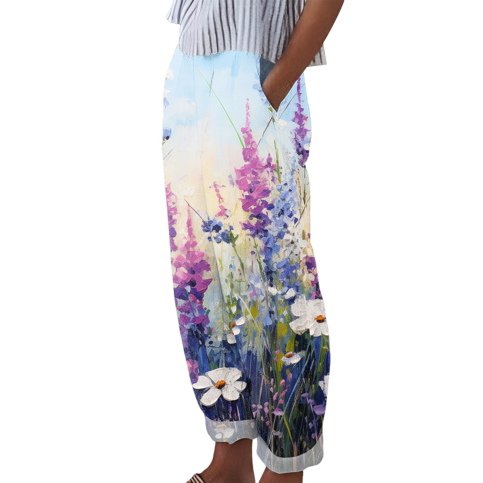 Caihaooo Womens Casual Print Pants Baggy Elastic Waist Trouser Wide