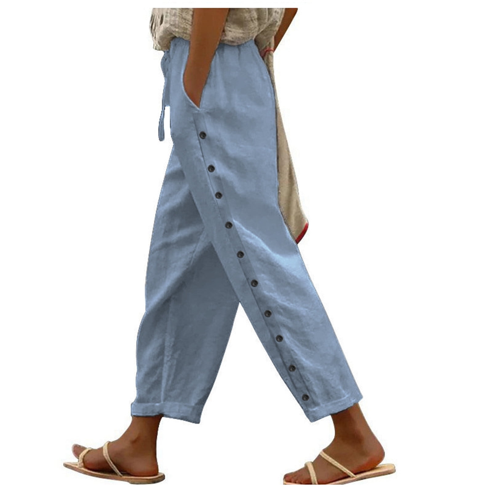 Caihaooo Womens Solid Color Elastic Waist Loose Side Button Decoration