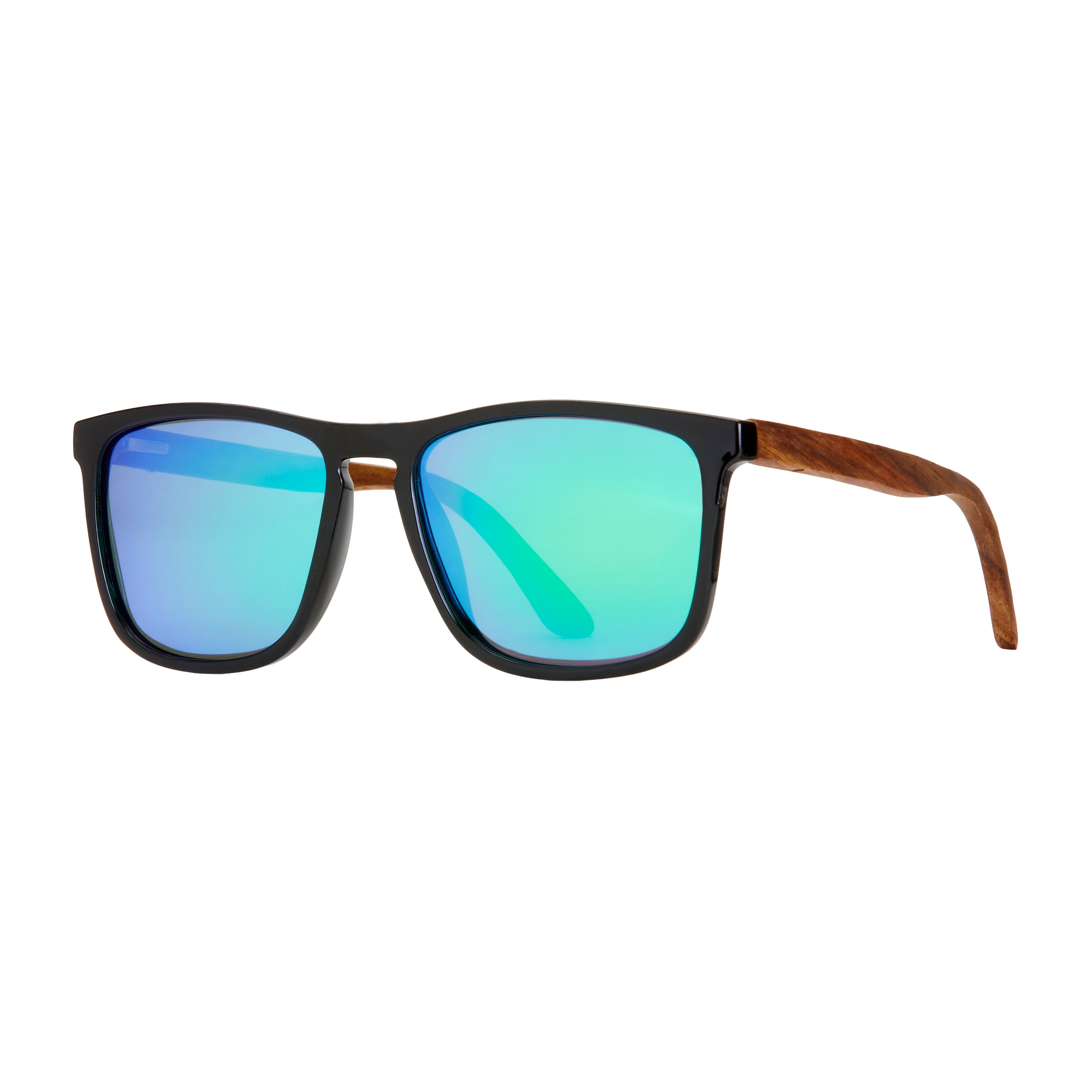 Cail Onyx/Walnut Wood Square Polarized Sunglasses, Ice Blue Mirror Lens ...