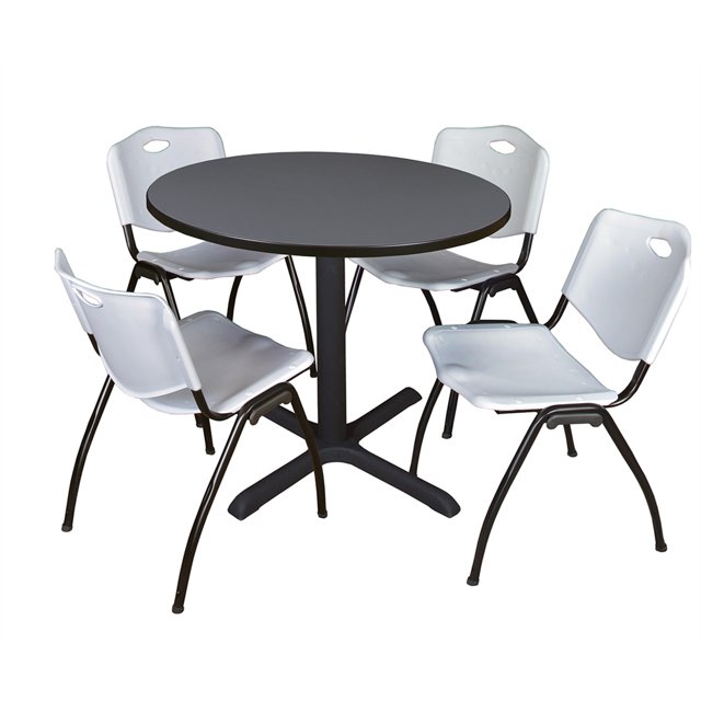 Cain 42" Grey Round Breakroom Table and 4 'M' Stack Chairs, Multiple ...