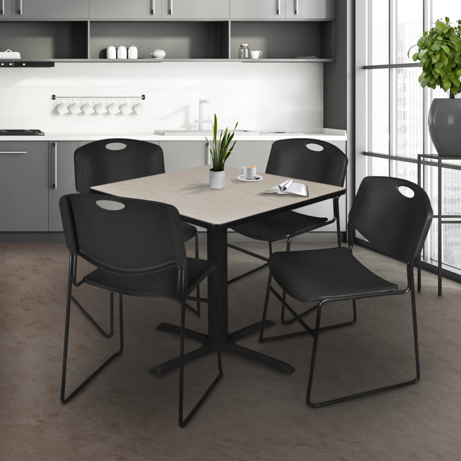 Cain 48" Square Breakroom Table- Maple & 4 Zeng Stack Chairs- Black ...