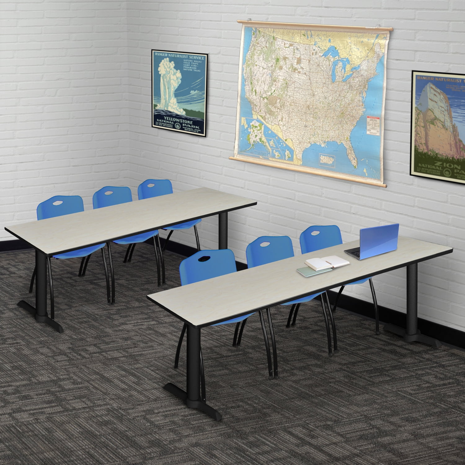 Cain 84" x 24" Training Table- Maple & 3 'M' Stack Chairs- Blue ...