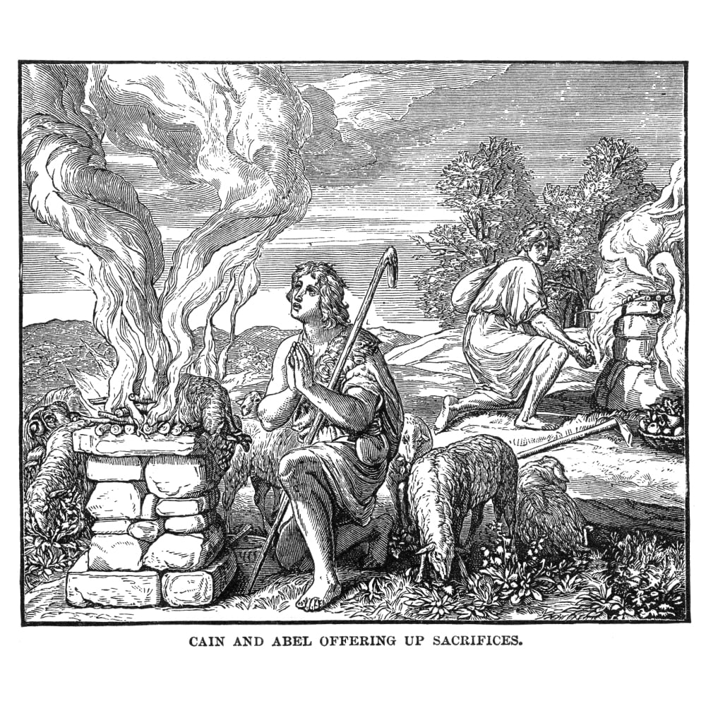 Cain And Abel. Ncain And Abel Offering Their Sacrifices. Wood Engraving ...