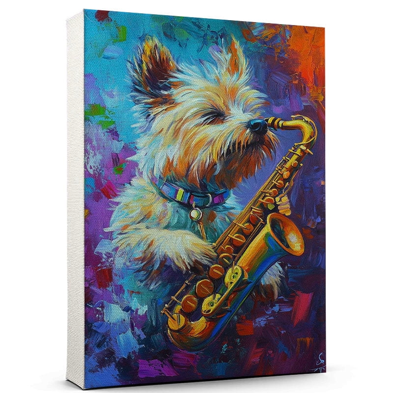 Cairn Terrier Dog Playing Saxophone Stretched Canvas Size 8x12 ...