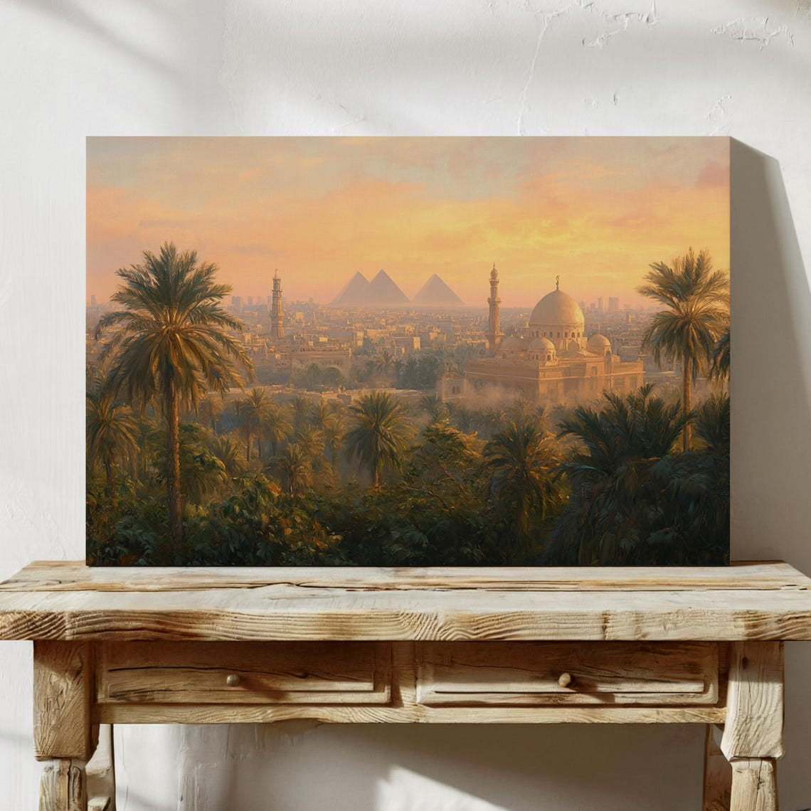 Cairo Cityscape At Sunset With Pyramids – Islamic Architecture And Palm Tree Panorama Wall Art ...