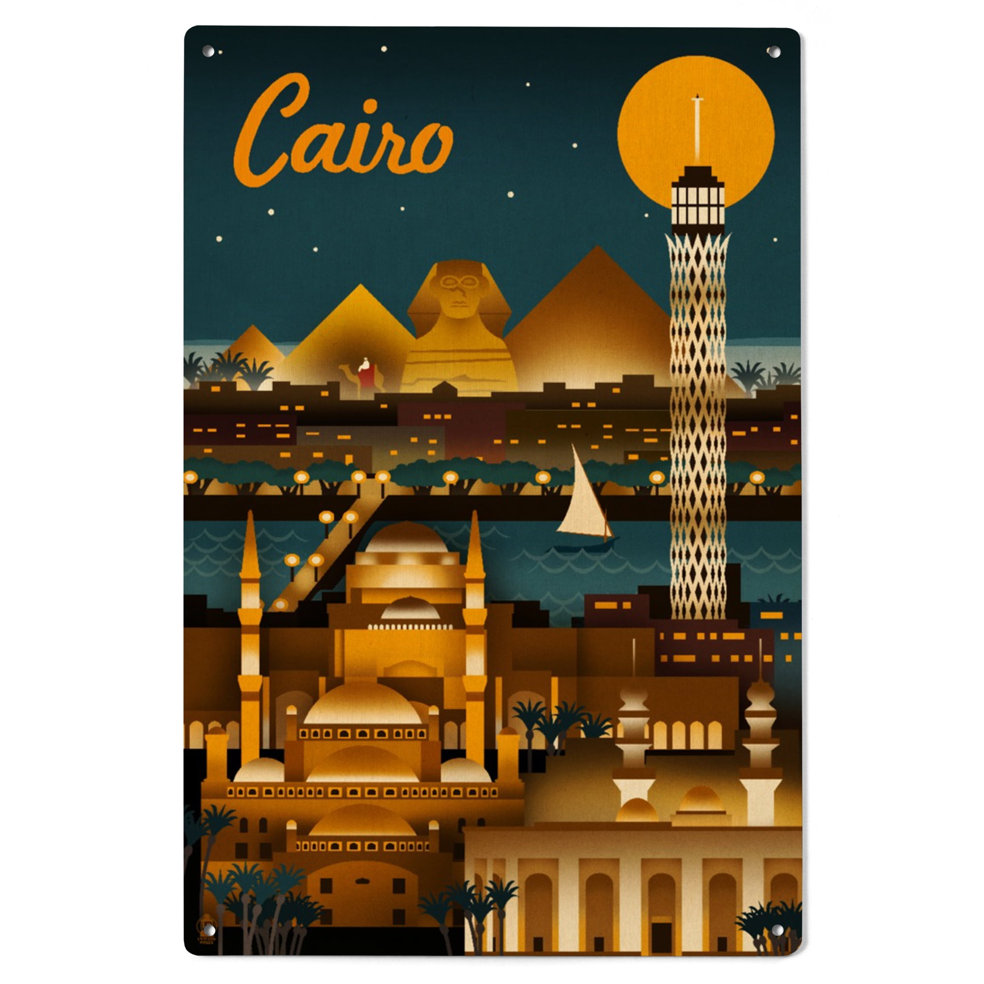 Cairo, Egypt, Retro Skyline Birch Wood Wall Sign (6x9 Rustic Home Decor, Ready to Hang Art ...