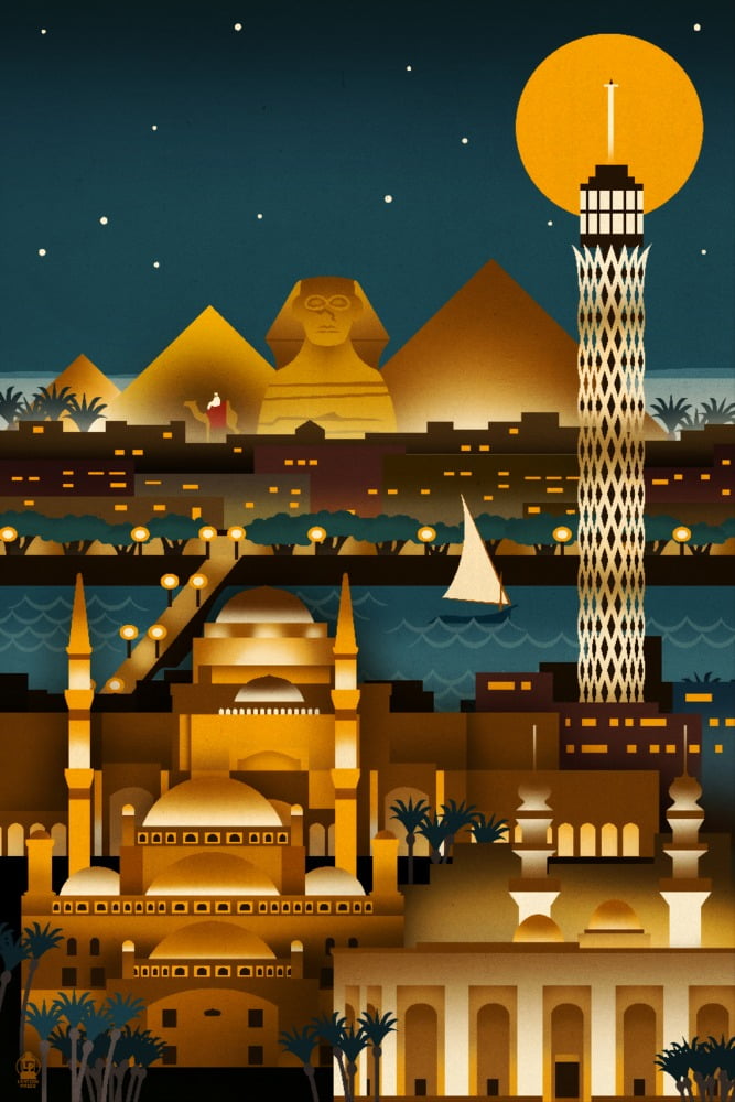Cairo, Egypt, Retro Skyline (no text) (24x36 Giclee Gallery Art Print ...