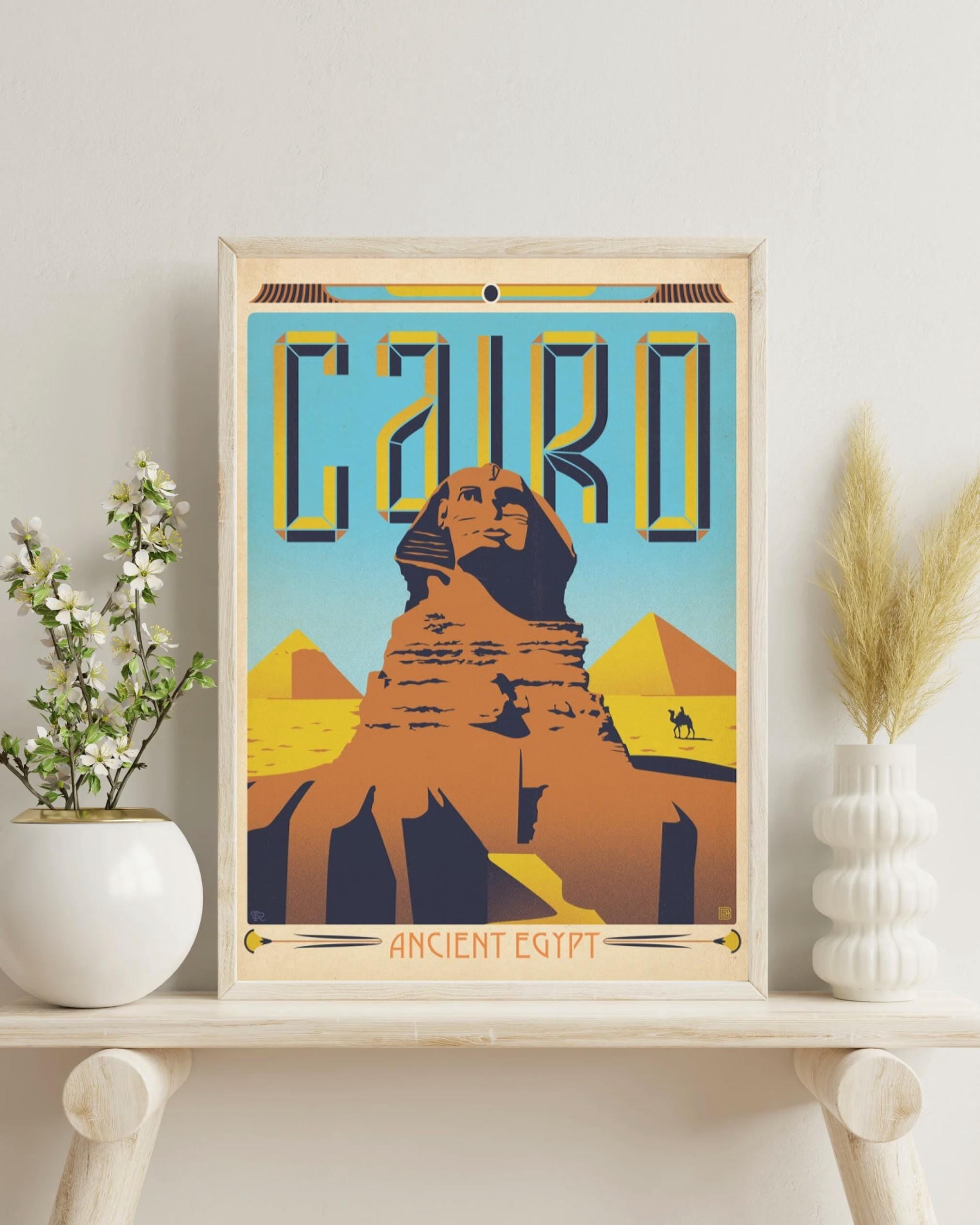Cairo Egypt Travel Poster, Vintage Sphinx And Pyramids Art , Poster ...