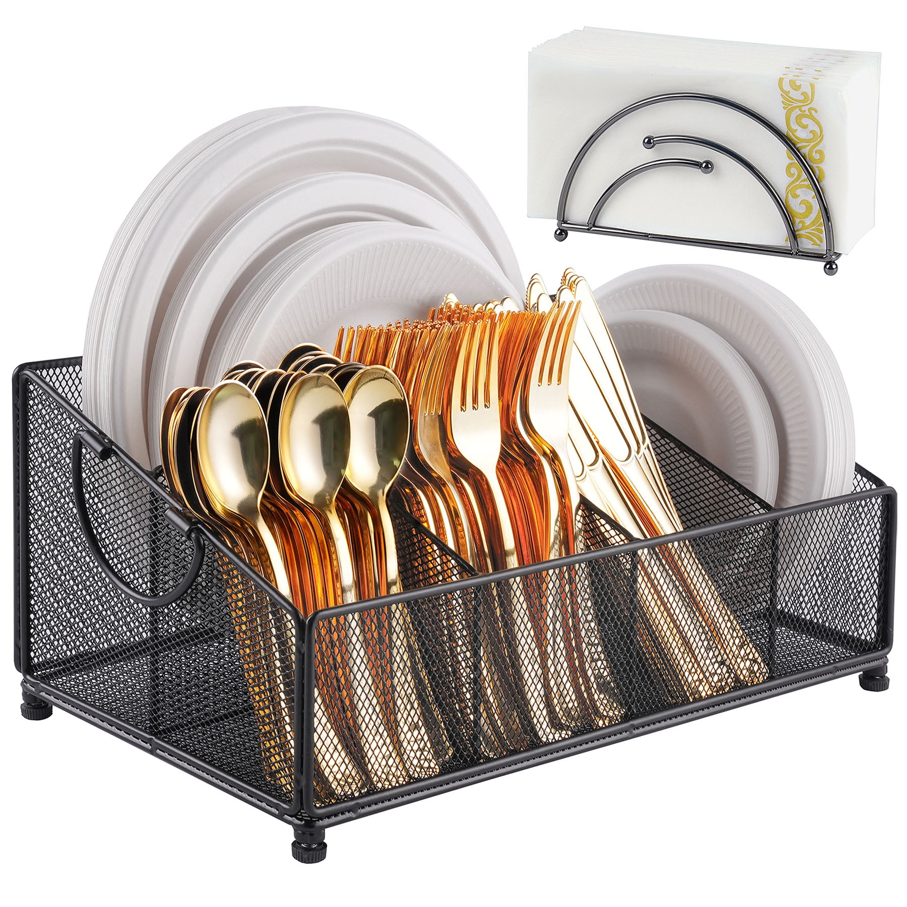 Cairondin Paper Plate Dispenser with Silverware Caddy, Metal Paper ...