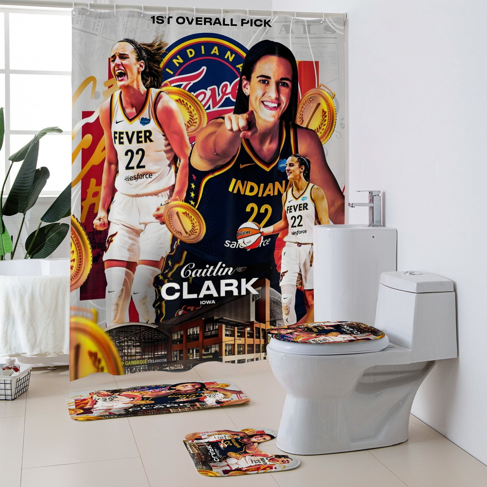 Caitlin Clark Polyester Bath 4-Piece—Shower curtain, toilet mat + two ...