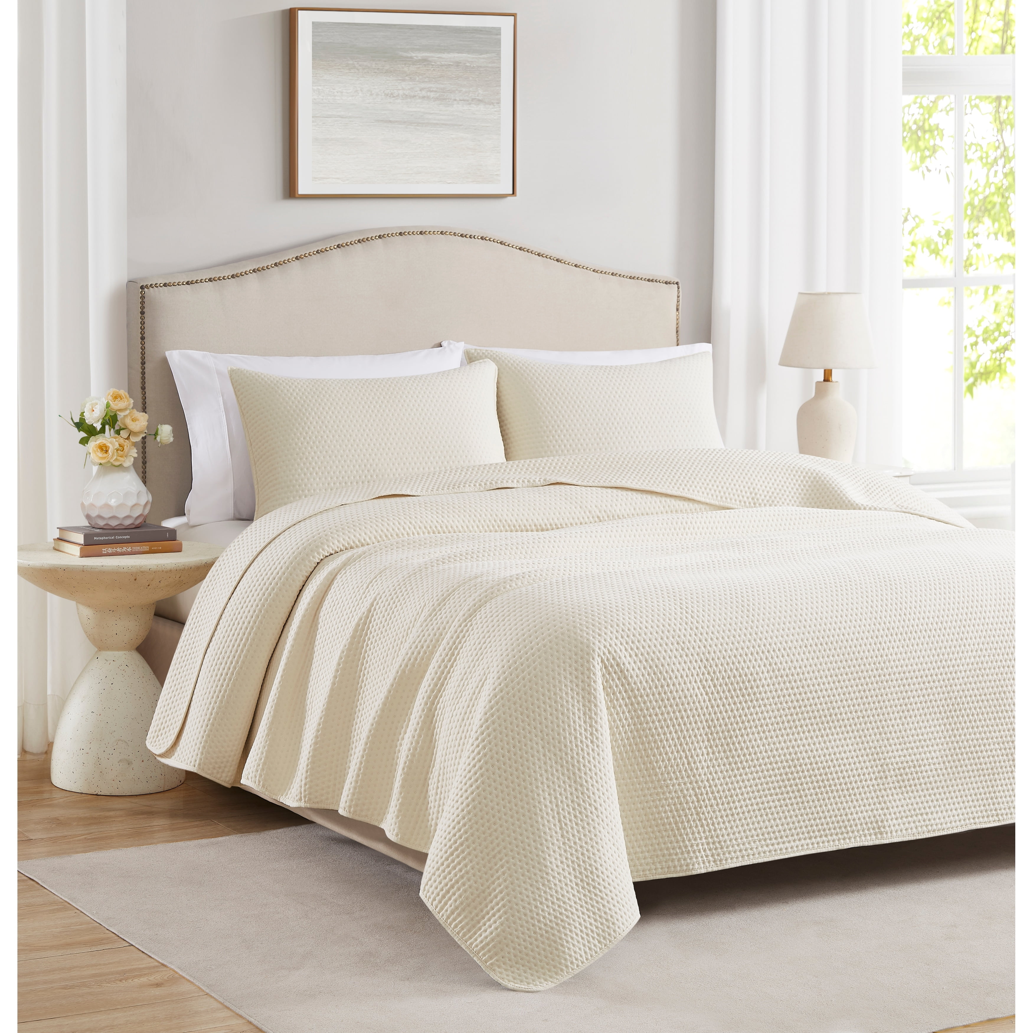 Caitlyn Embossed Stitch Pre-Washed Quilt Set Ivory - Queen - Walmart.com