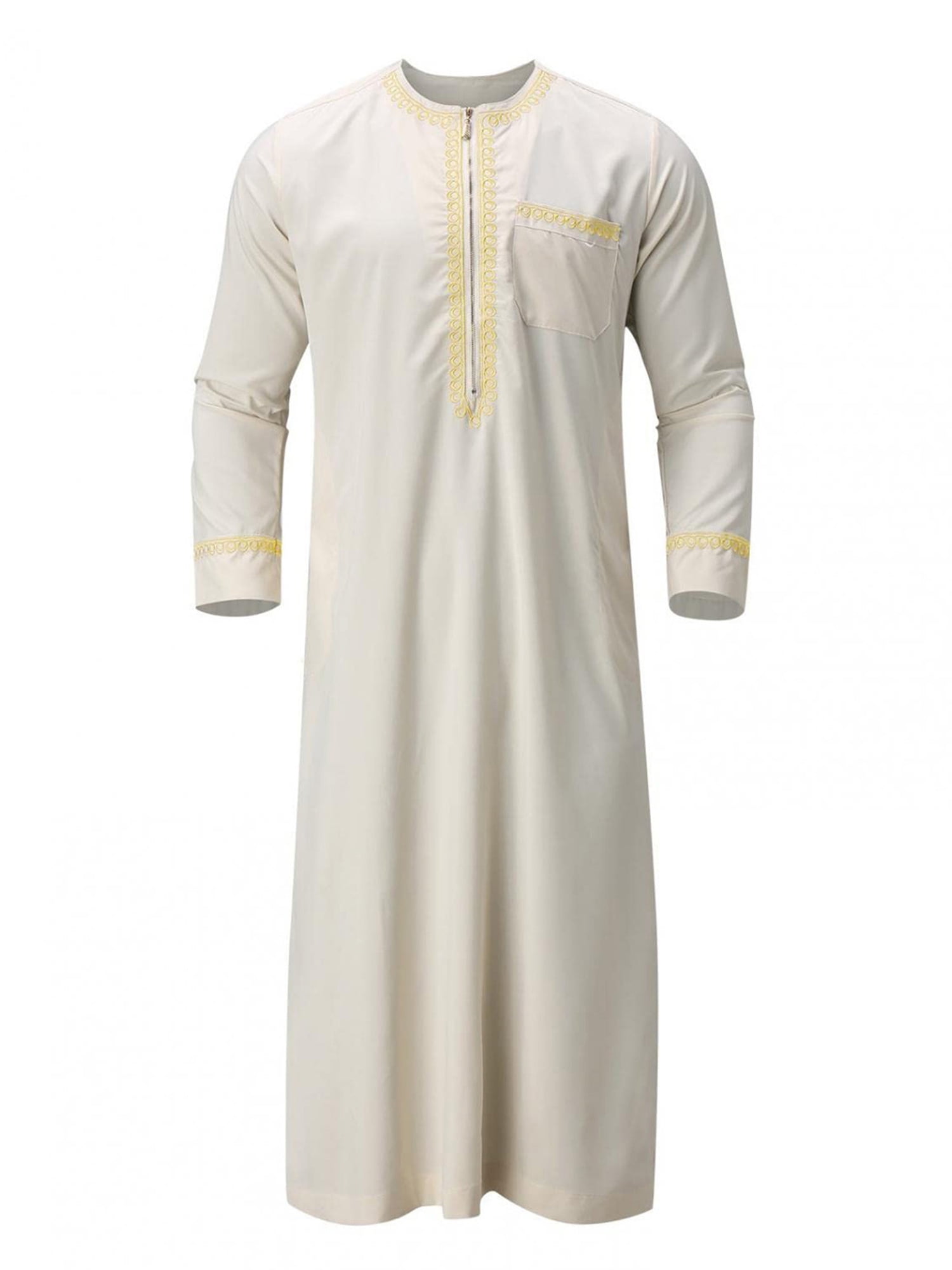 Caitzr Arabic Mens Robe Muslim Thobe for Men, Gold Embroidery Long ...