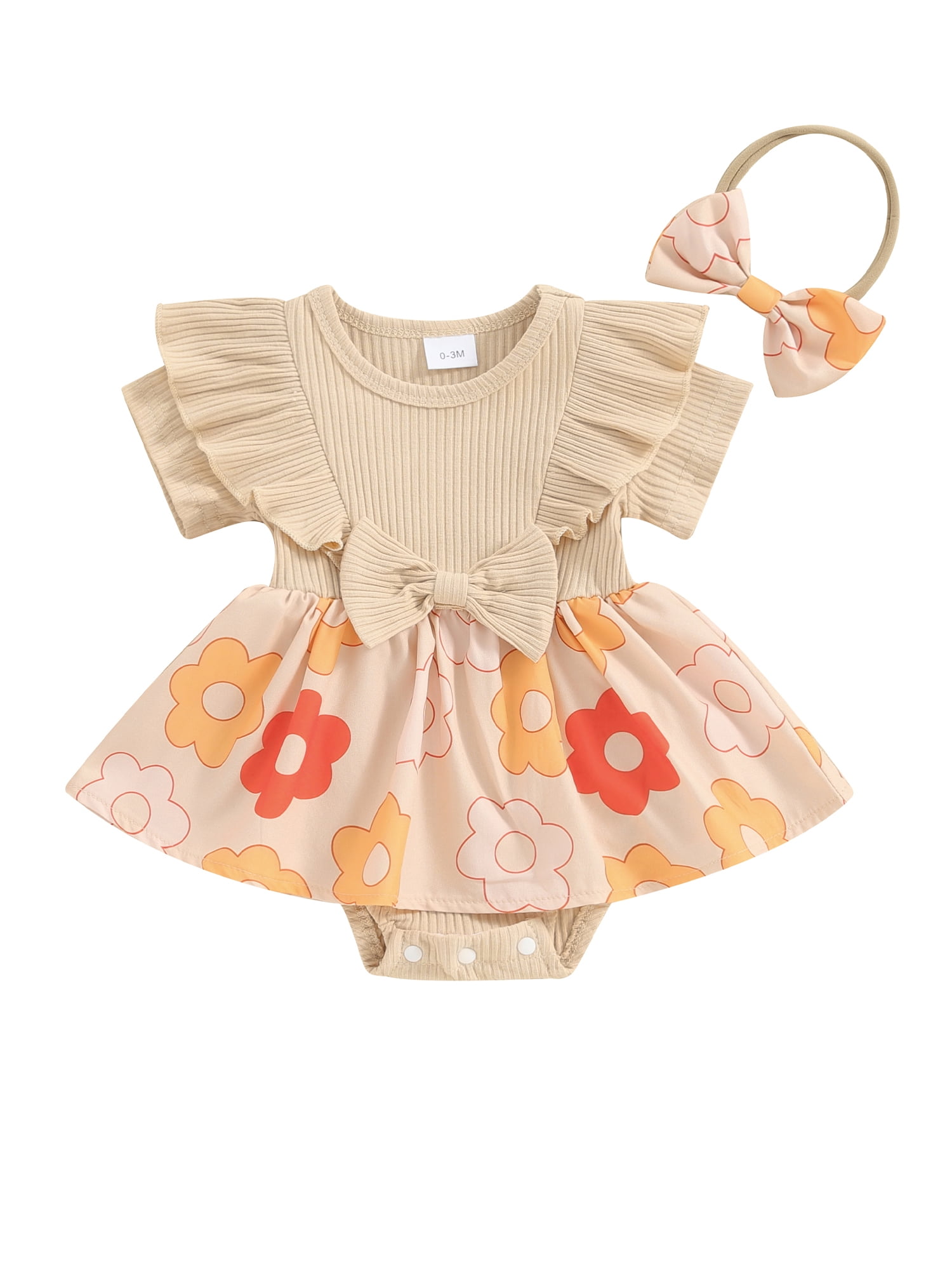 Caitzr Baby Girl 2 Piece Outfits Floral Ribbed Short Sleeve Romper Dress with Cute Headband Set ...