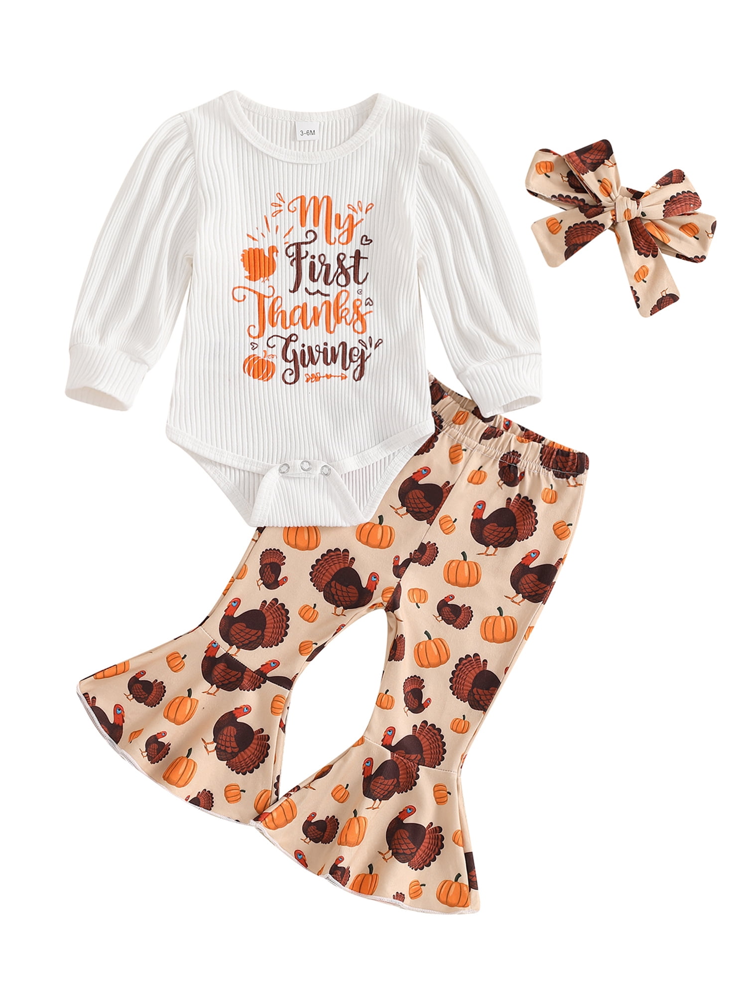 Caitzr Baby Girls 3Pcs Thanksgiving Outfits Long Sleeve Romper + Turkey Flare Pants + Headband ...