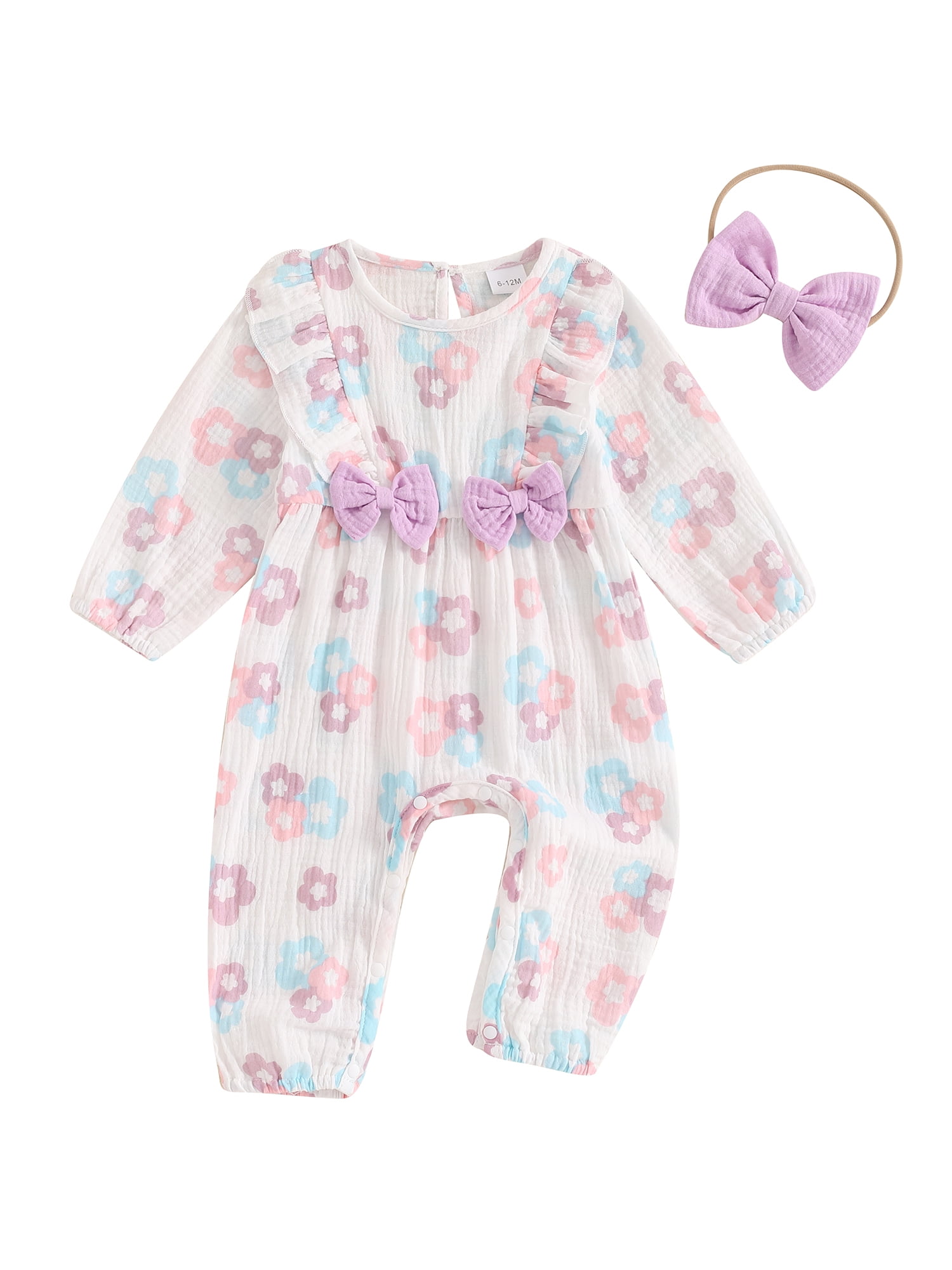 Caitzr Baby Girls Rompers Flower Print Bowknot Ruffles Long Sleeve ...