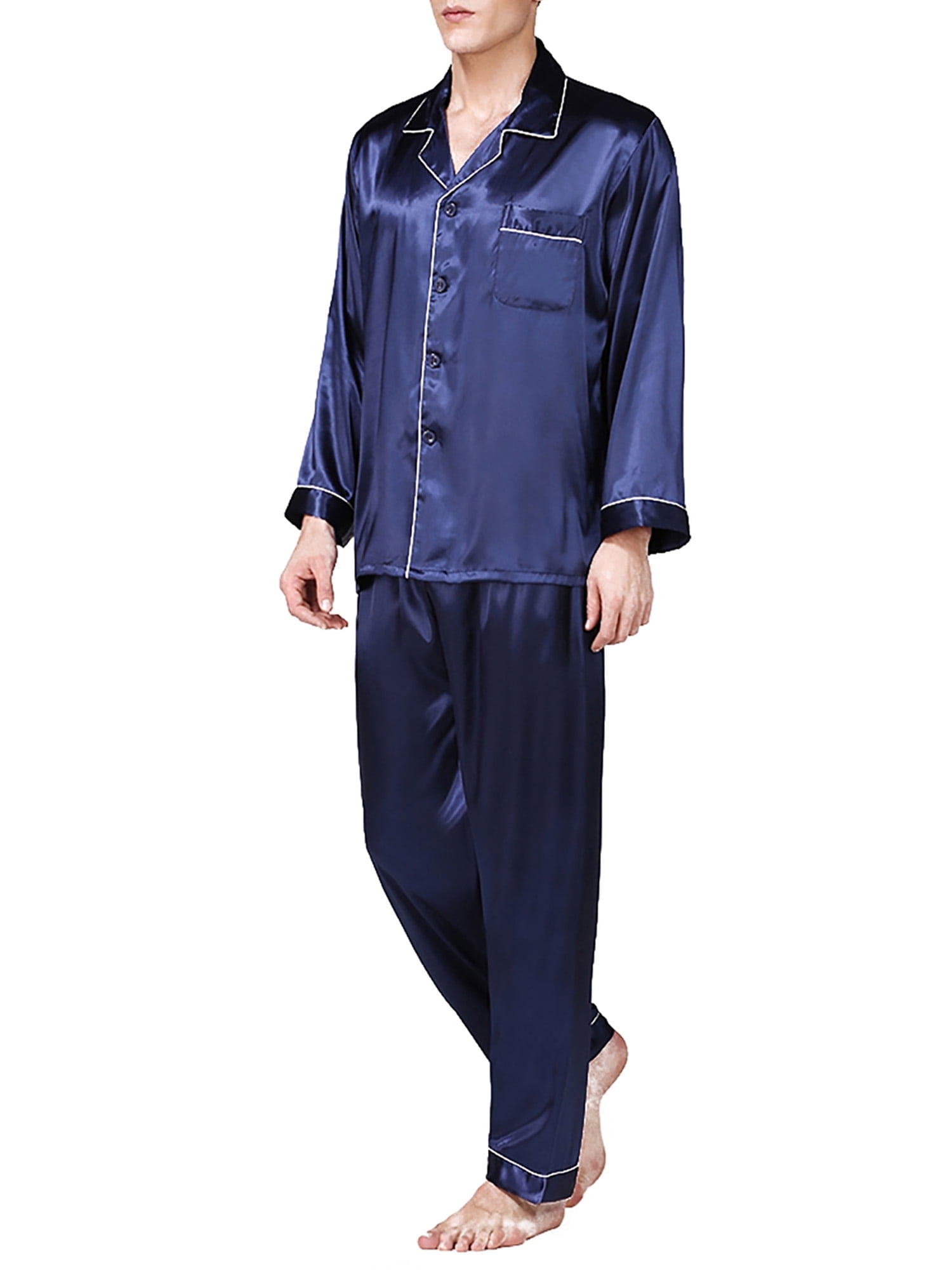 Caitzr Mens Satin Pajamas Set Classic Long Sleeve Silk Sleepwear ...