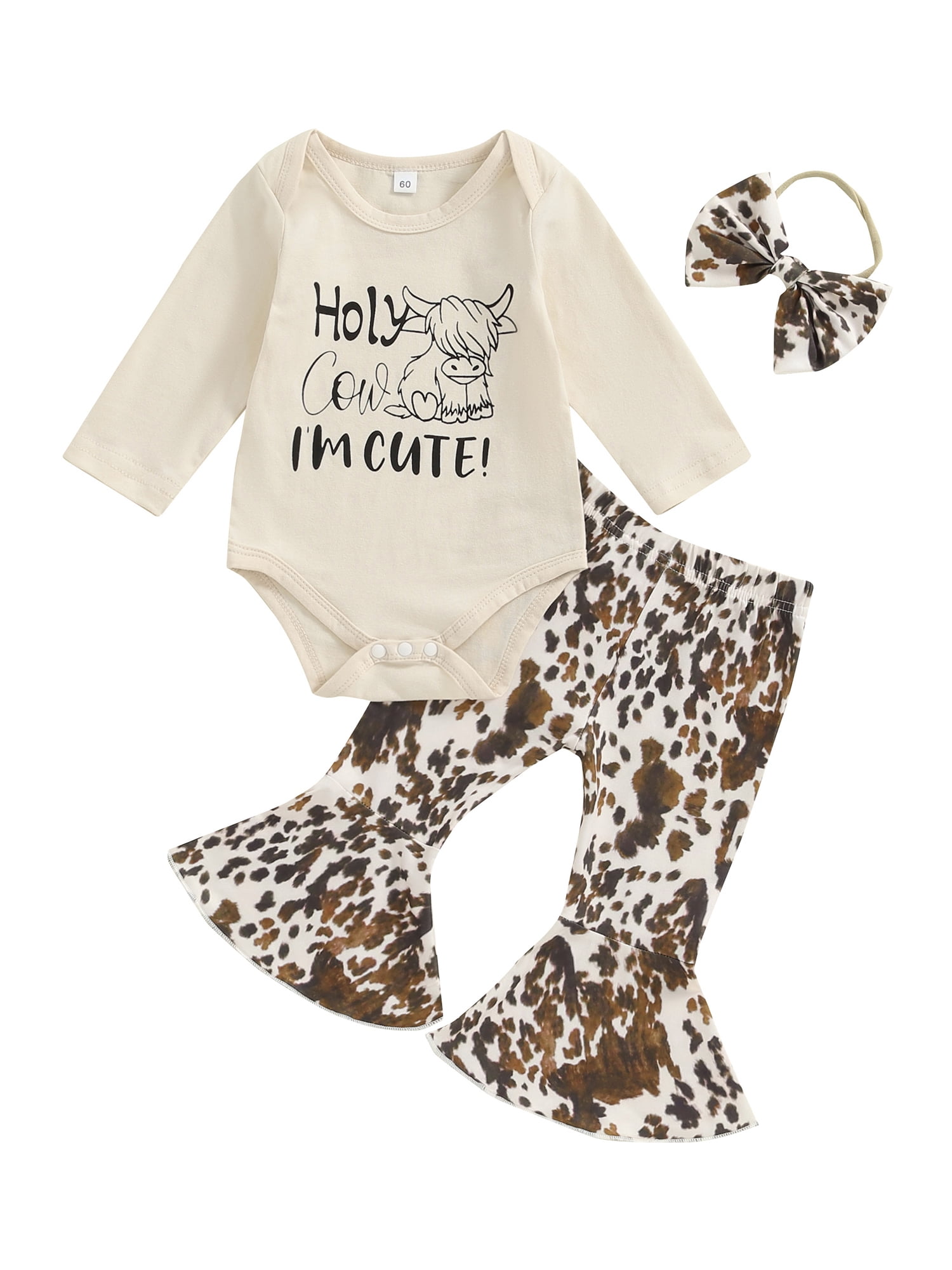 Caitzr Newborn Baby Baby Girl Fall Outfit Cow Print Long Sleeve Romper Flare Pants Bowknot ...