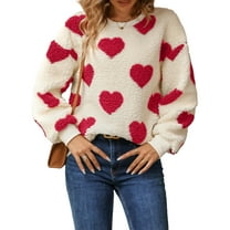 Heart Sweaters for Women Valentine's Day Heart Printed Pullover Sweaters Warm Fuzzy Crewneck ...