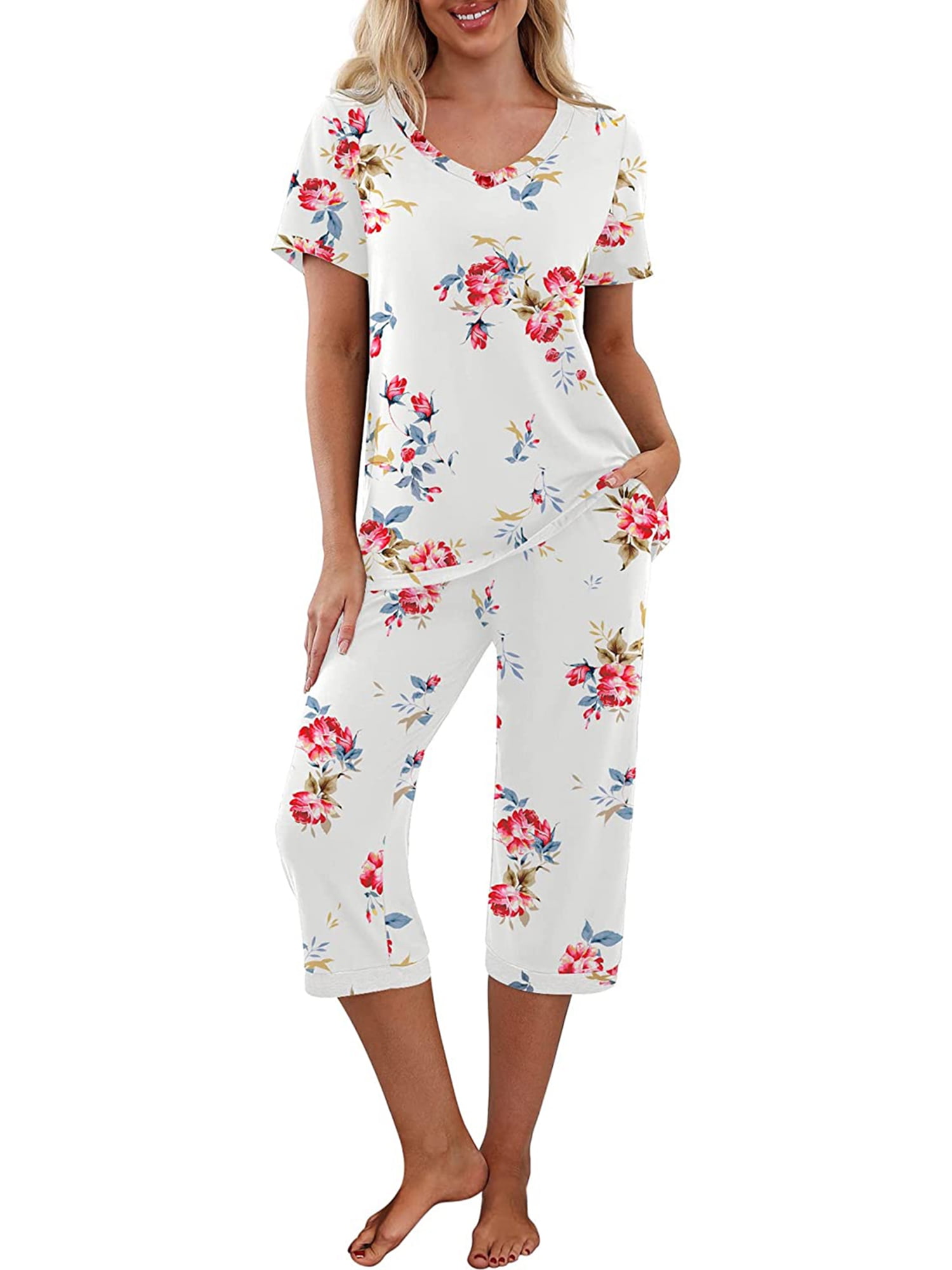 Caitzr Women 2 Piece Pajamas Set Floral Short Sleeve Tops and Elastic Capri Pants Loungewear ...