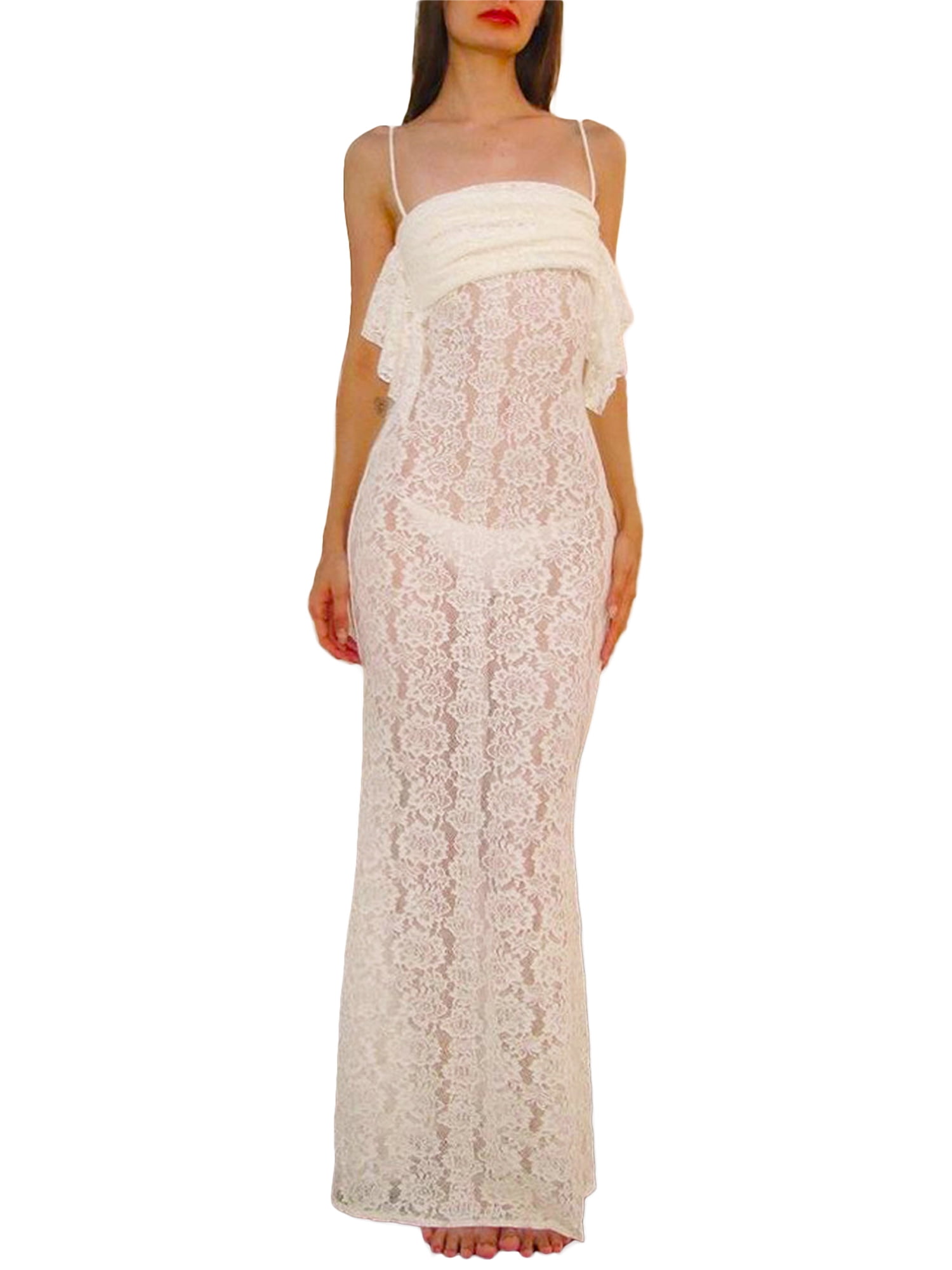 Caitzr Women Long Cami Dress White Sleeveless Backless Sheer Lace Party ...