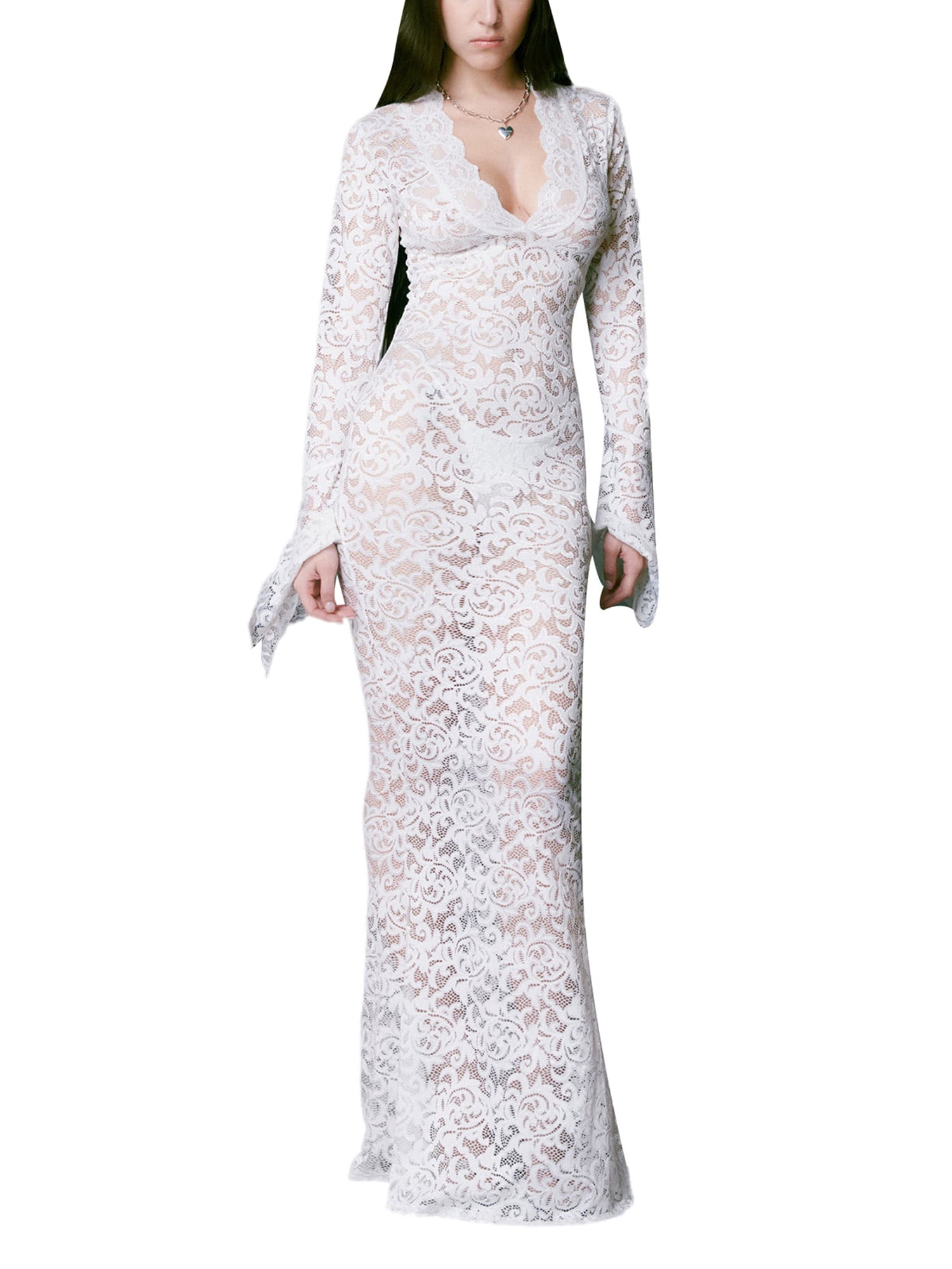 Caitzr Women Long Fitted Maxi Cover Up Dress Long Sleeve V Neck Lace ...