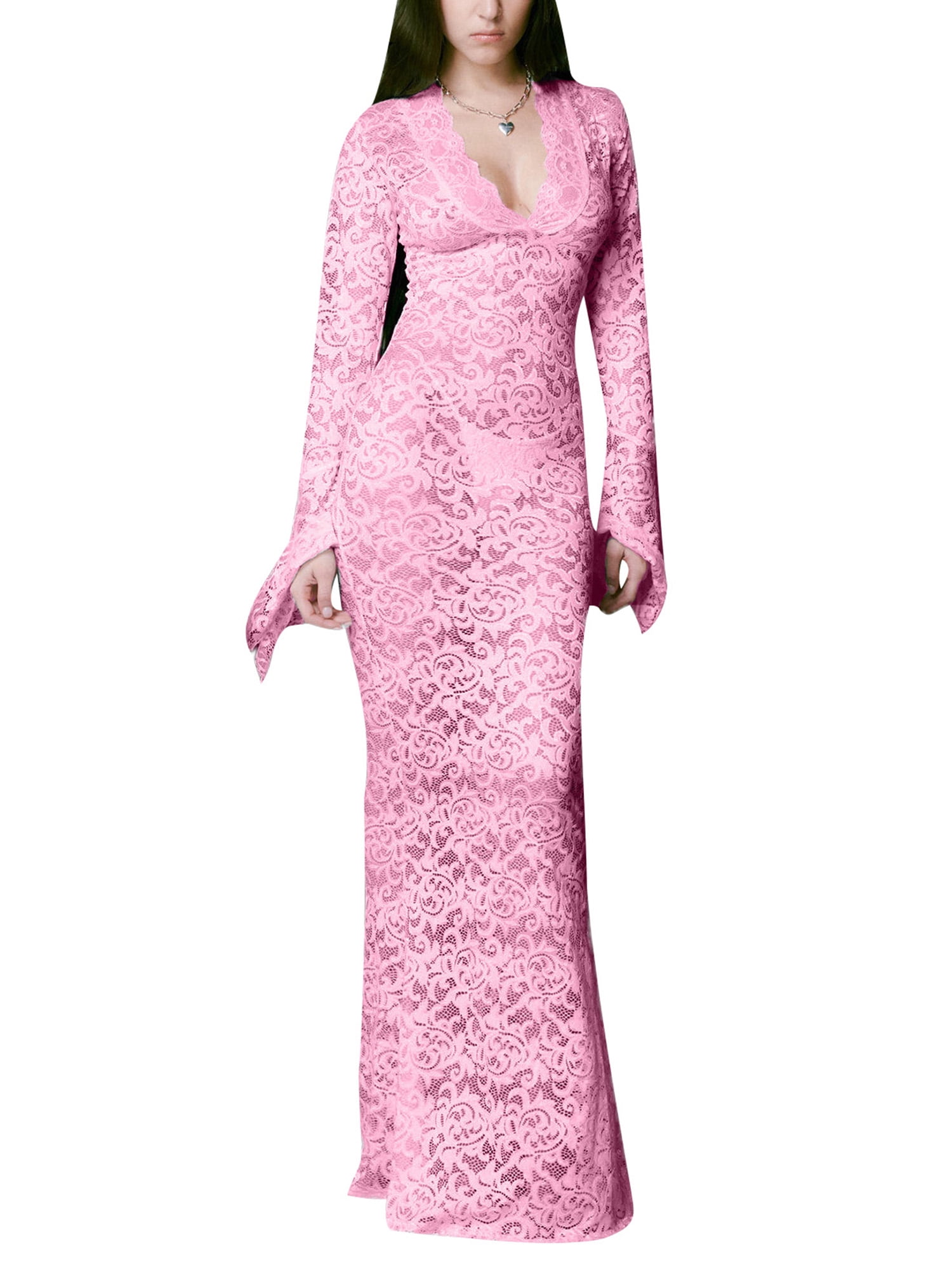 Caitzr Women Long Fitted Maxi Cover Up Dress Long Sleeve V Neck Lace ...