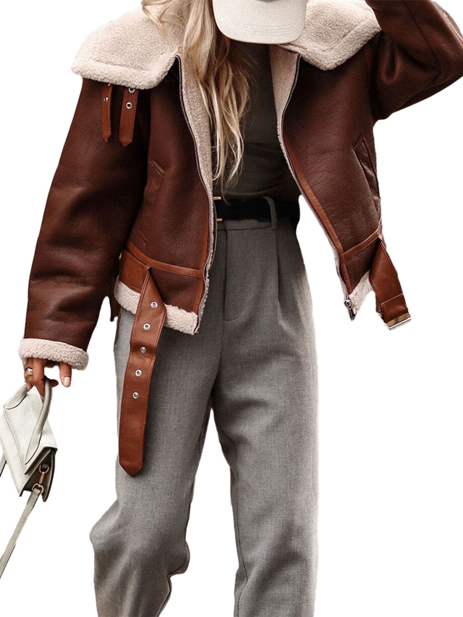 Caitzr Women Motorcycle Jacket Casual Patchwork Long Sleeve Zipper ...