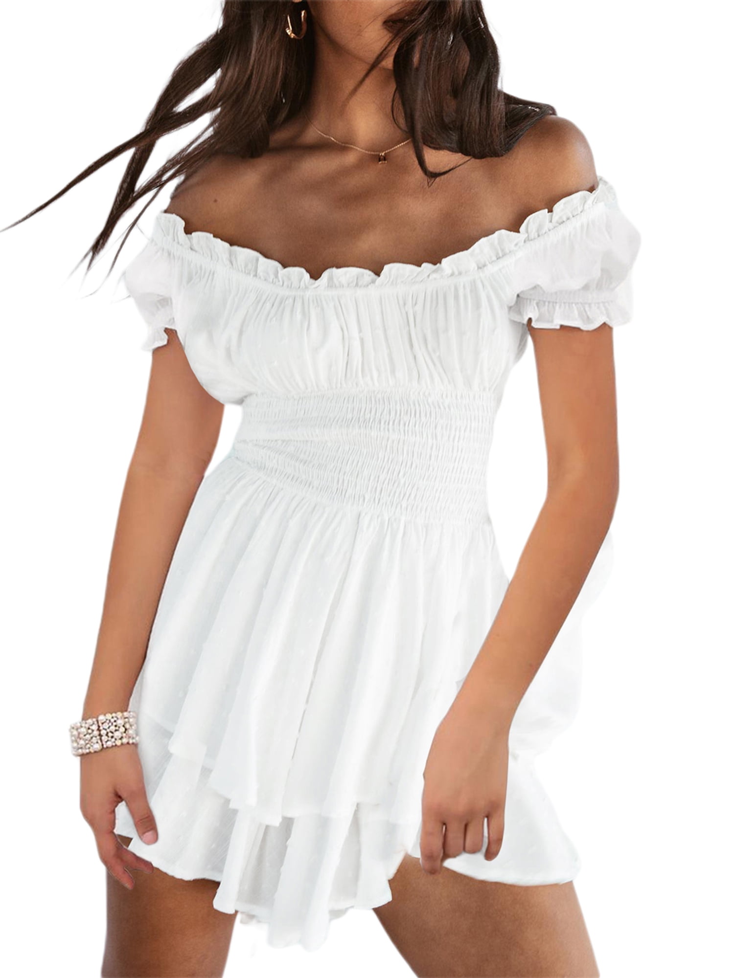 Caitzr Women Puff Ruffle Dress Off Shoulder Romper Dress Flowy Layered ...